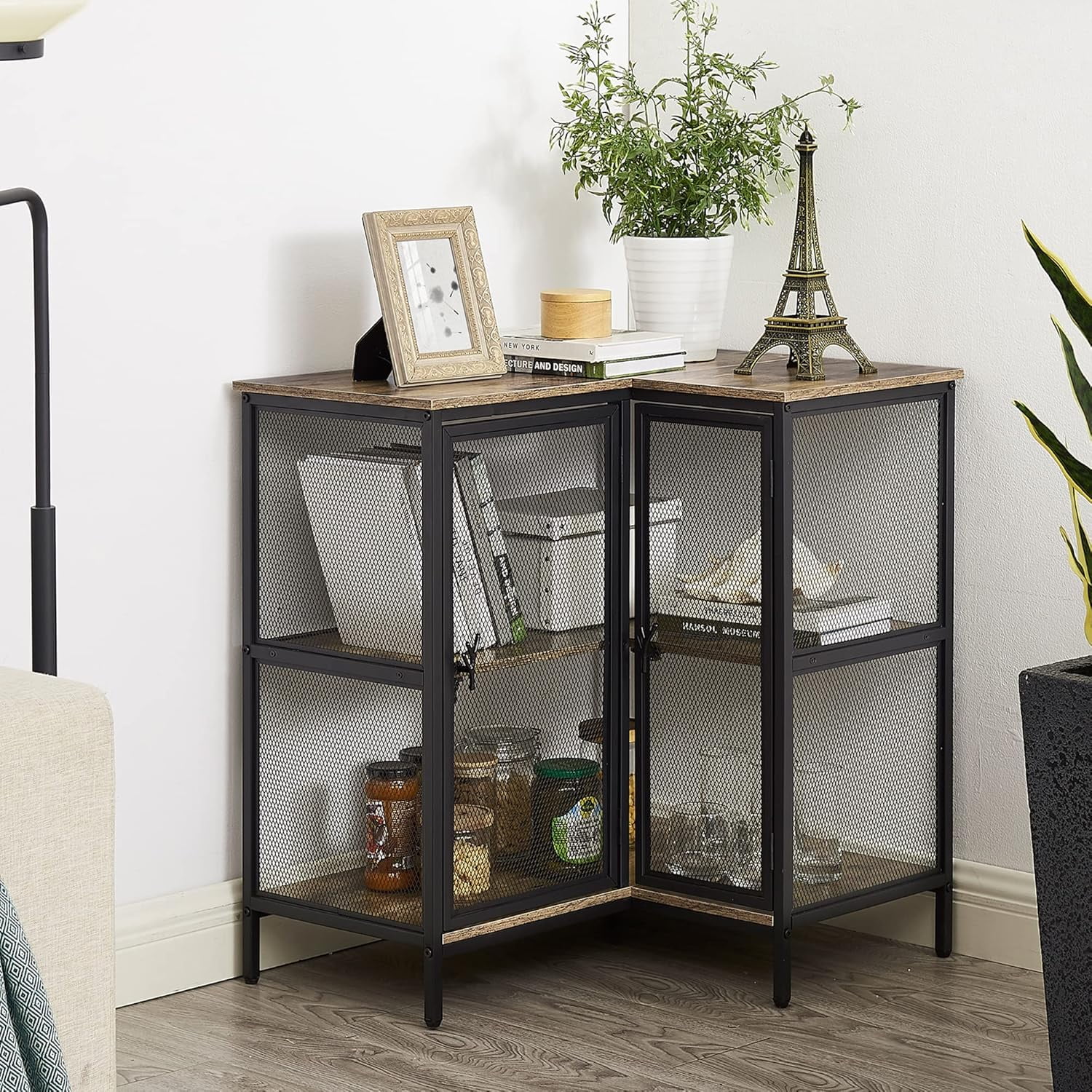 3 Tier Corner Cabinet with Doors and Storage Shelves, Industrial TV ...
