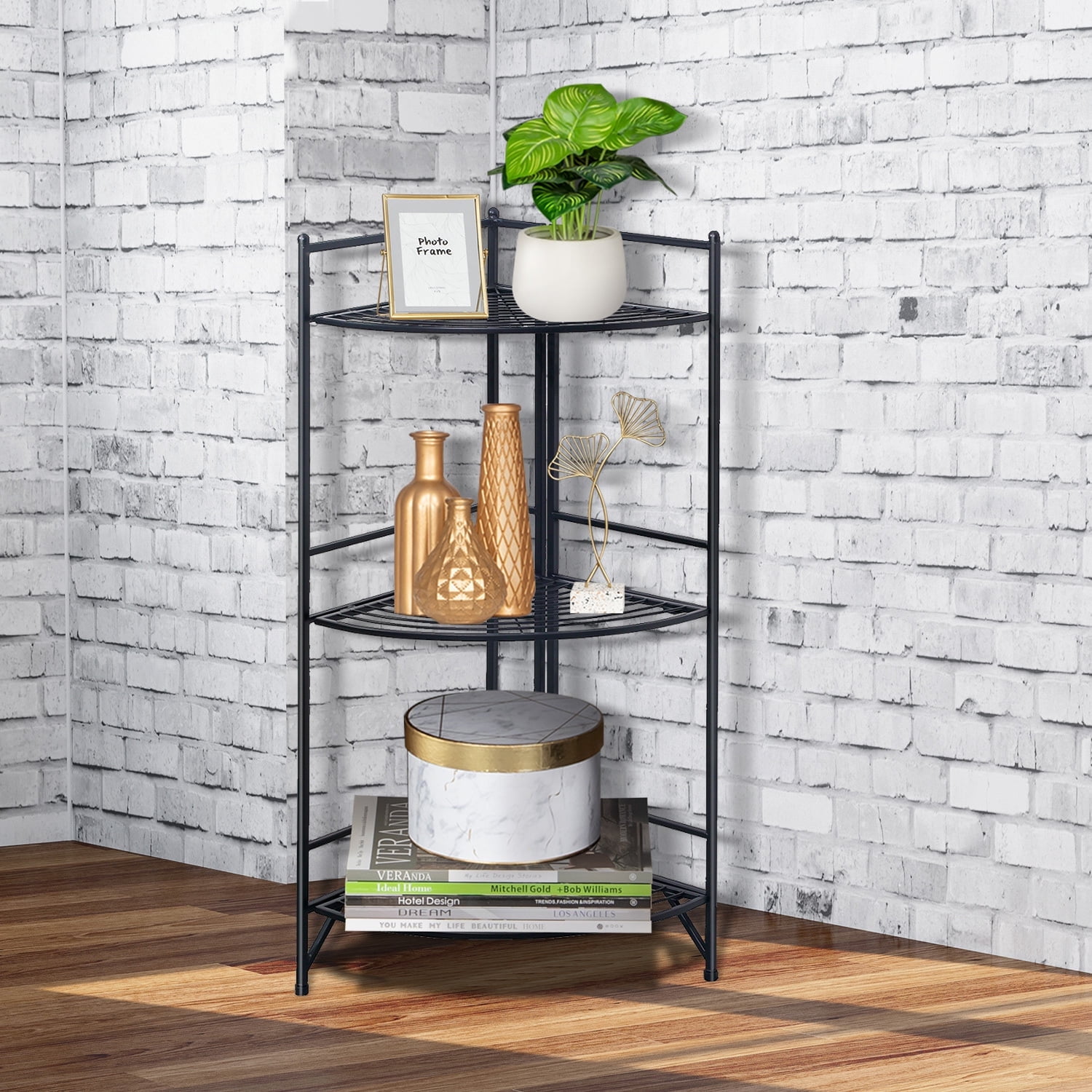 3 Tier Corner Folding Metal Corner Shelf Black - Walmart.com