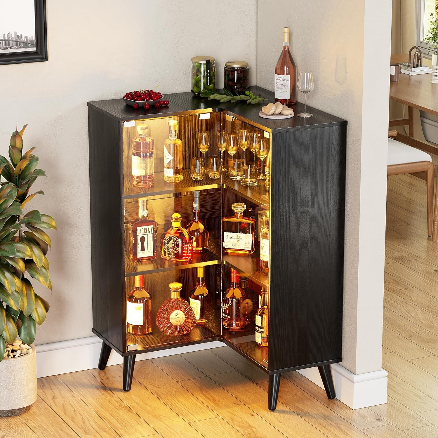 3-Tier Corner Glass Display Cabinet with LED Lights, Adjustable Shelves ...