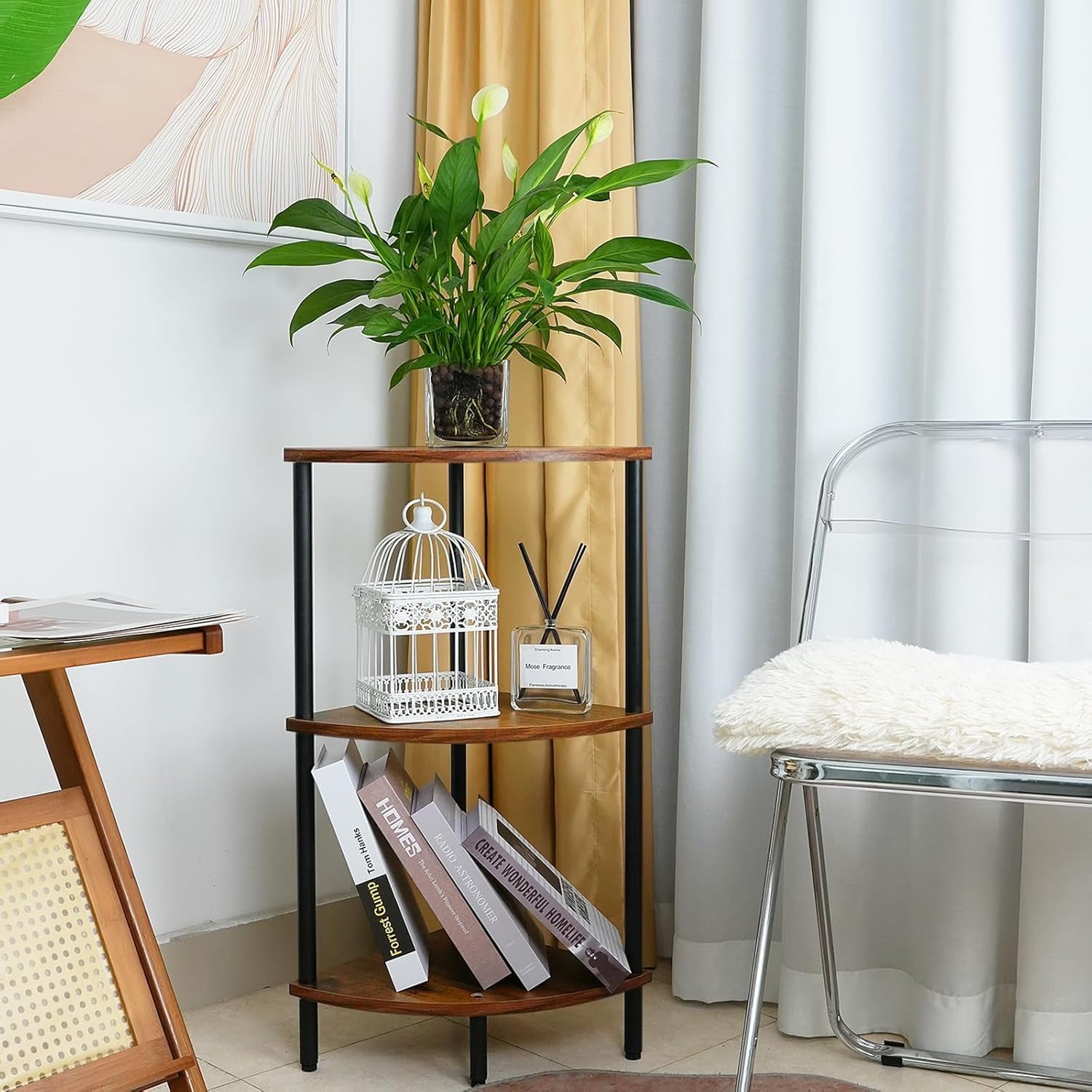 3 Tier Corner Shelf Stand, 28 Inch Rustic Industrial Corner Bookshelf ...