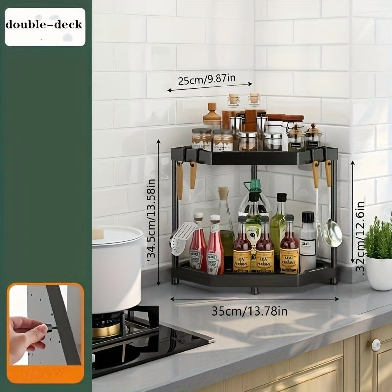 3-Tier Corner Spice Rack | No-Drill Stainless Steel | with Hooks for ...