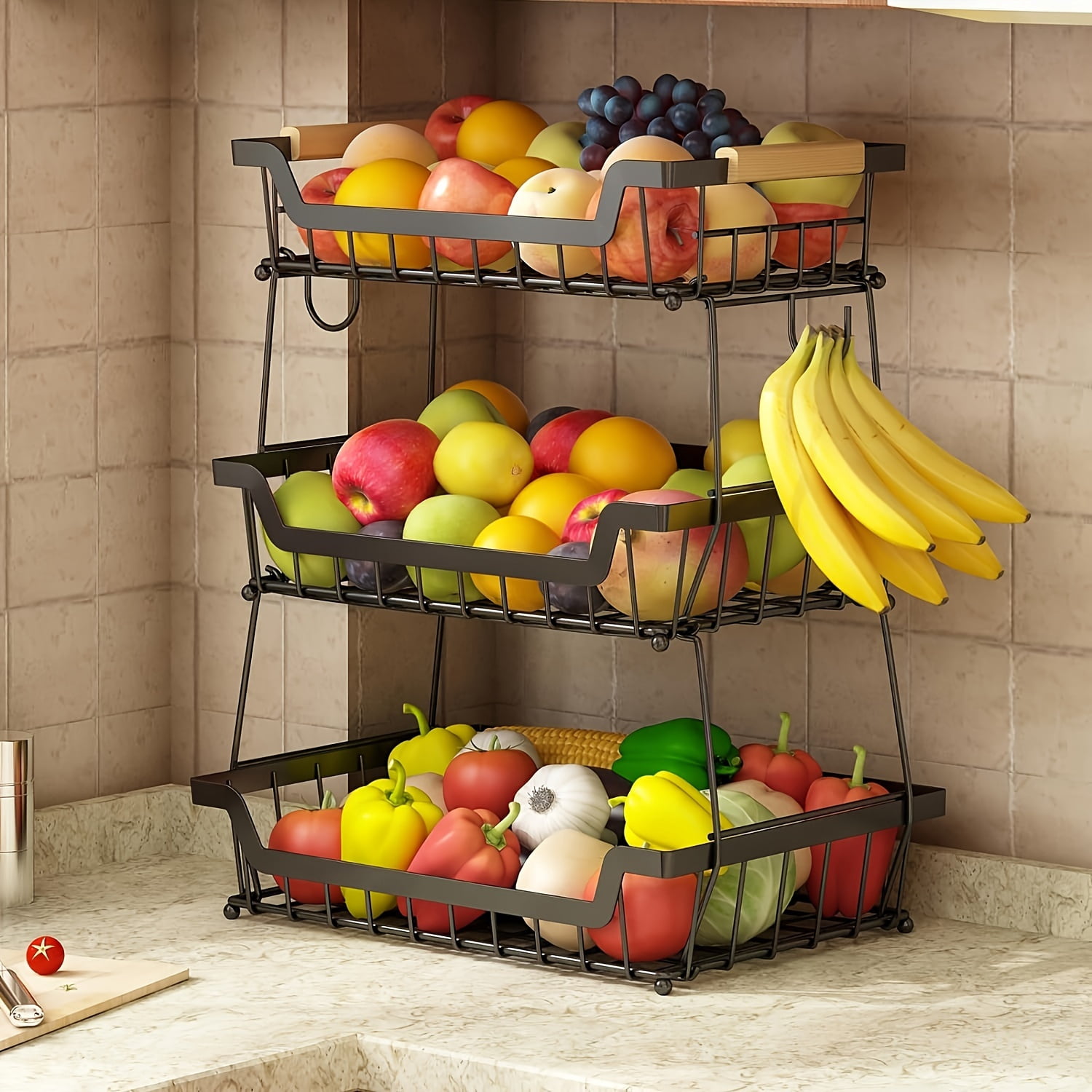 3-Tier Counter Fruit Basket - Black, with 2 Banana Hooks & Wooden ...