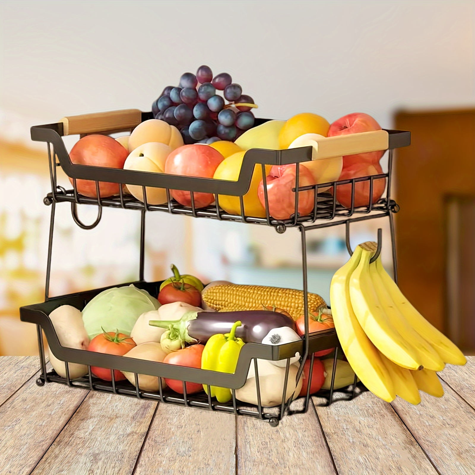 3-Tier Counter Fruit Basket - Black, with 2 Banana Hooks & Wooden ...
