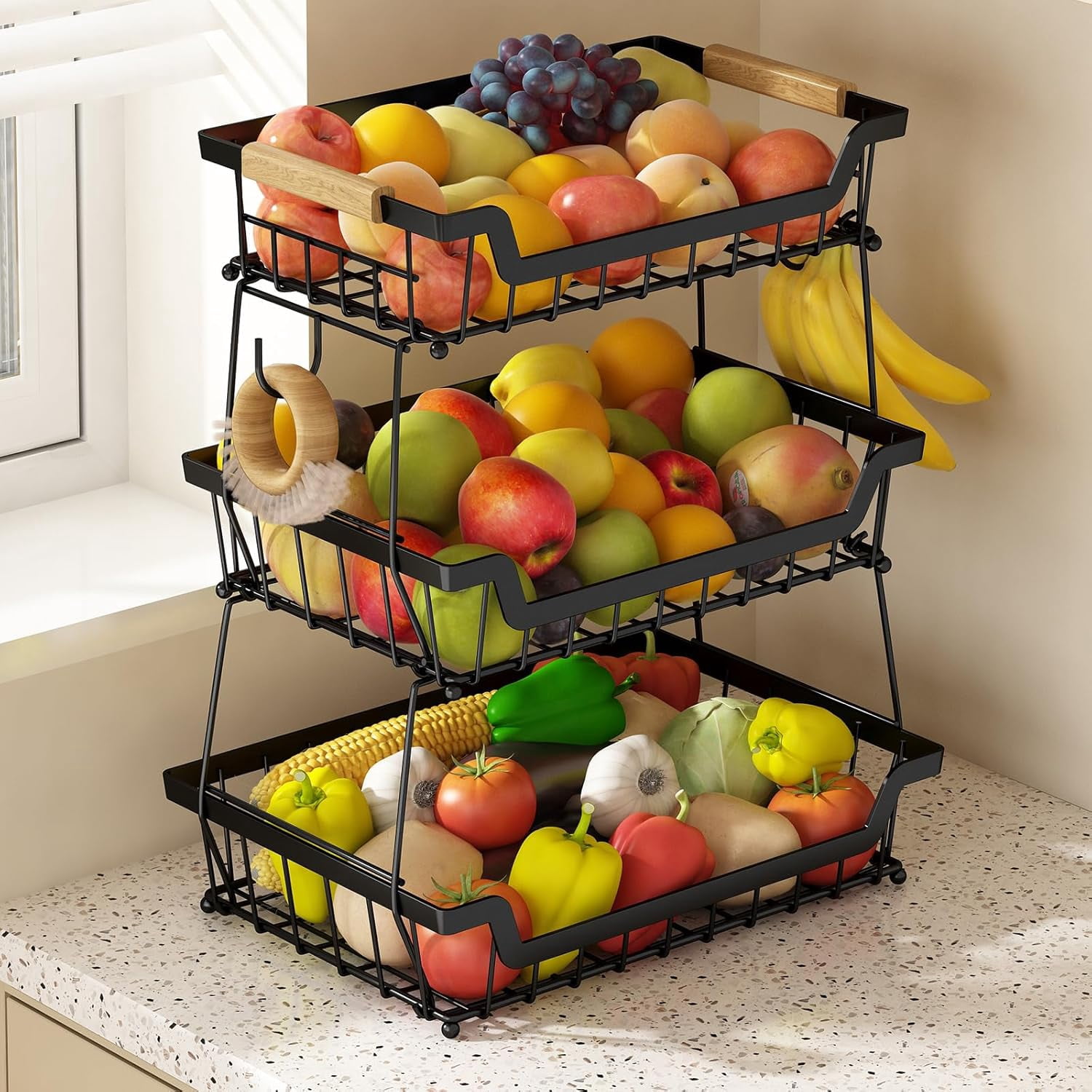 3 Tier Countertop Fruit Basket with 2 Banana Hangers for Kitchen ...
