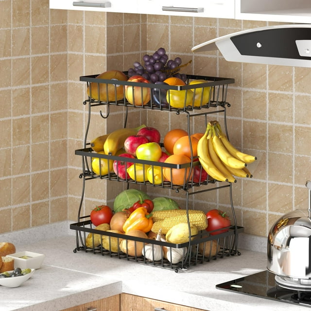 3-Tier Countertop Fruit Basket with 2 Banana Hooks Removable Metal ...