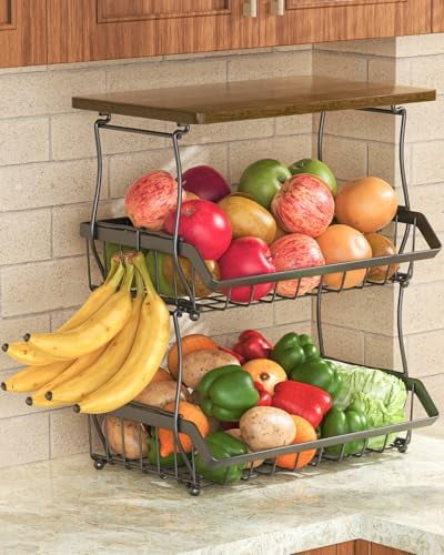 3 Tier Countertop Fruit Basket Bread Bowl with Wooden Top for Kitchen ...