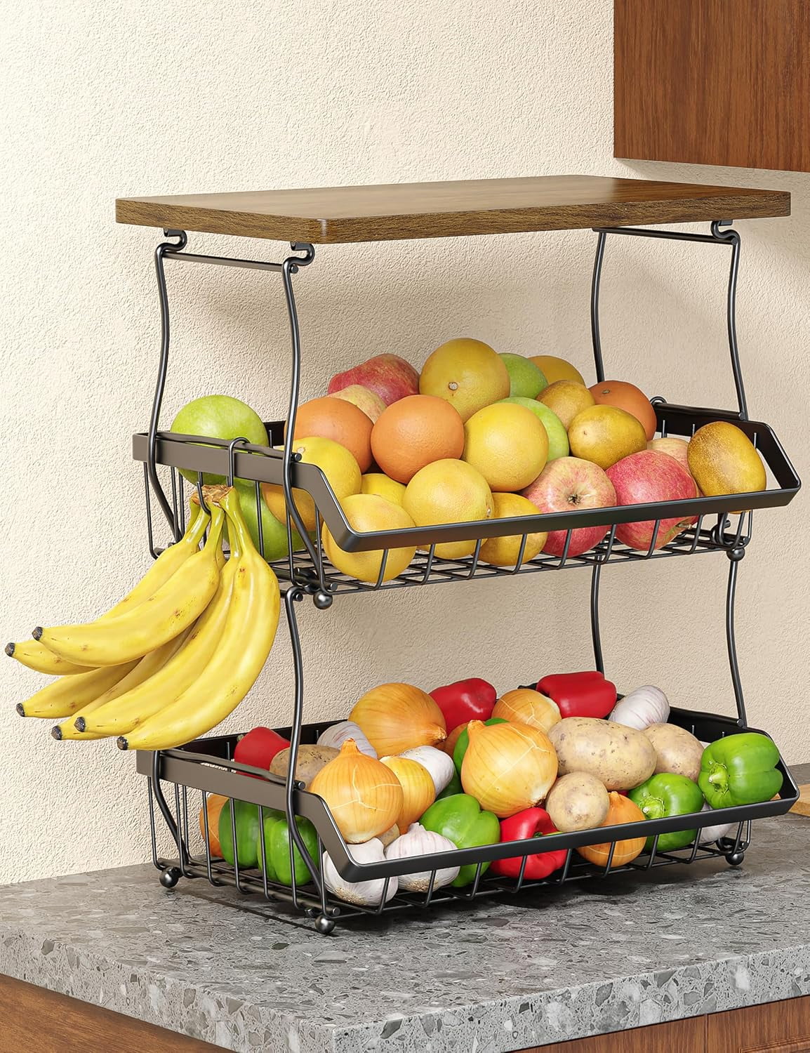 3 Tier Countertop Fruit Basket Bread Bowl with Wooden Top for Kitchen ...
