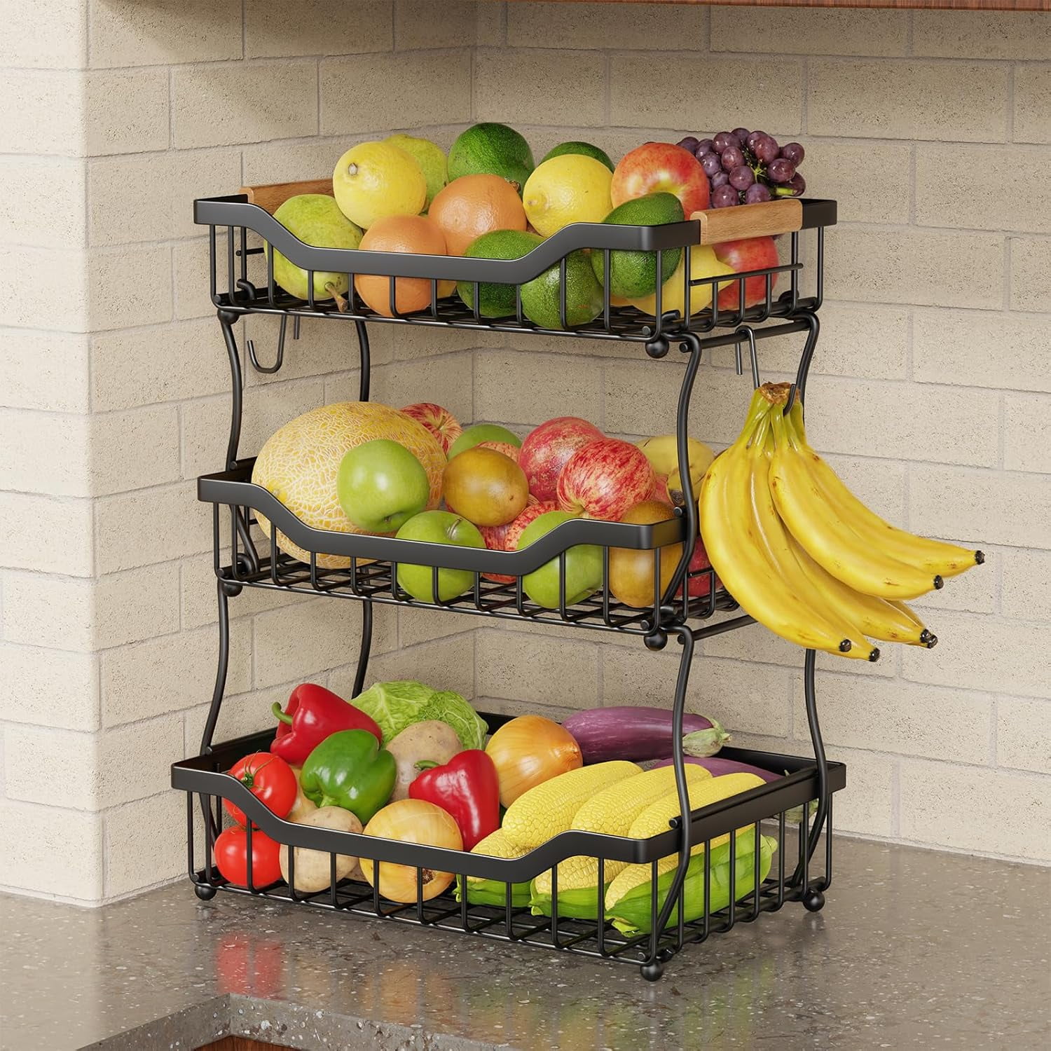 3 Tier Countertop Fruit Basket for Kitchen, Vegetable Storage Bread ...