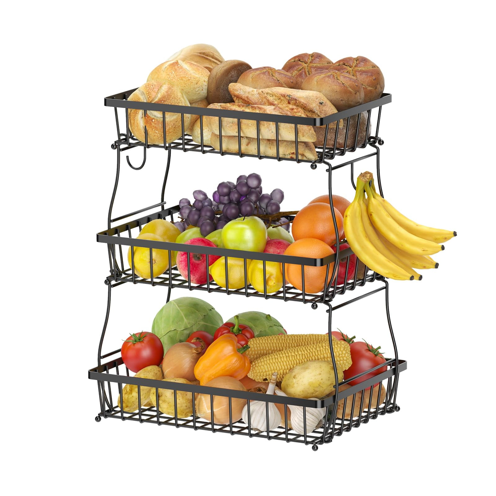 3 - Tier Countertop Fruit Basket w/ 2 Banana Hangers, Detachable Metal ...