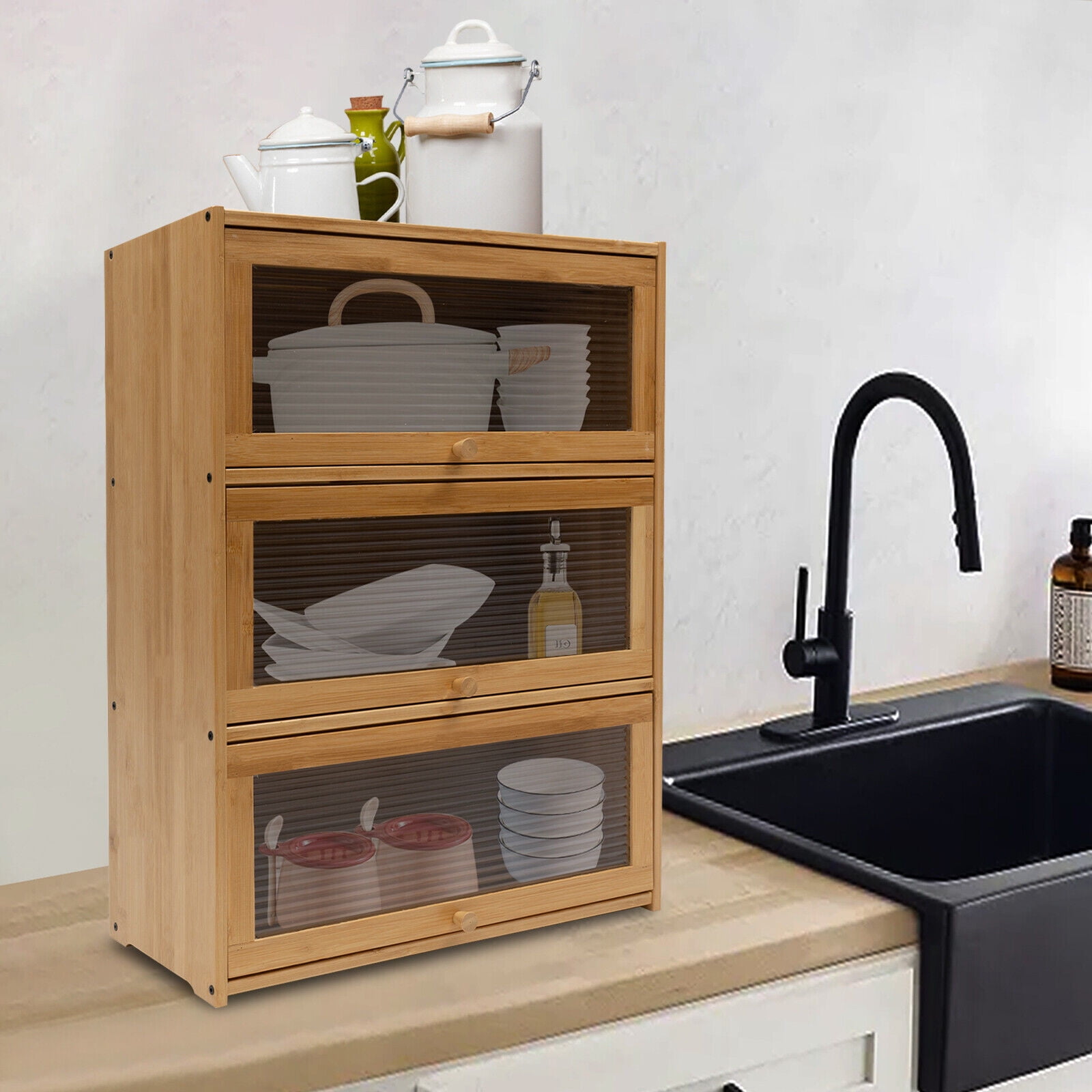 3 Tier Countertop Kitchen Pantry Storage Cabinet Bamboo Pantry ...