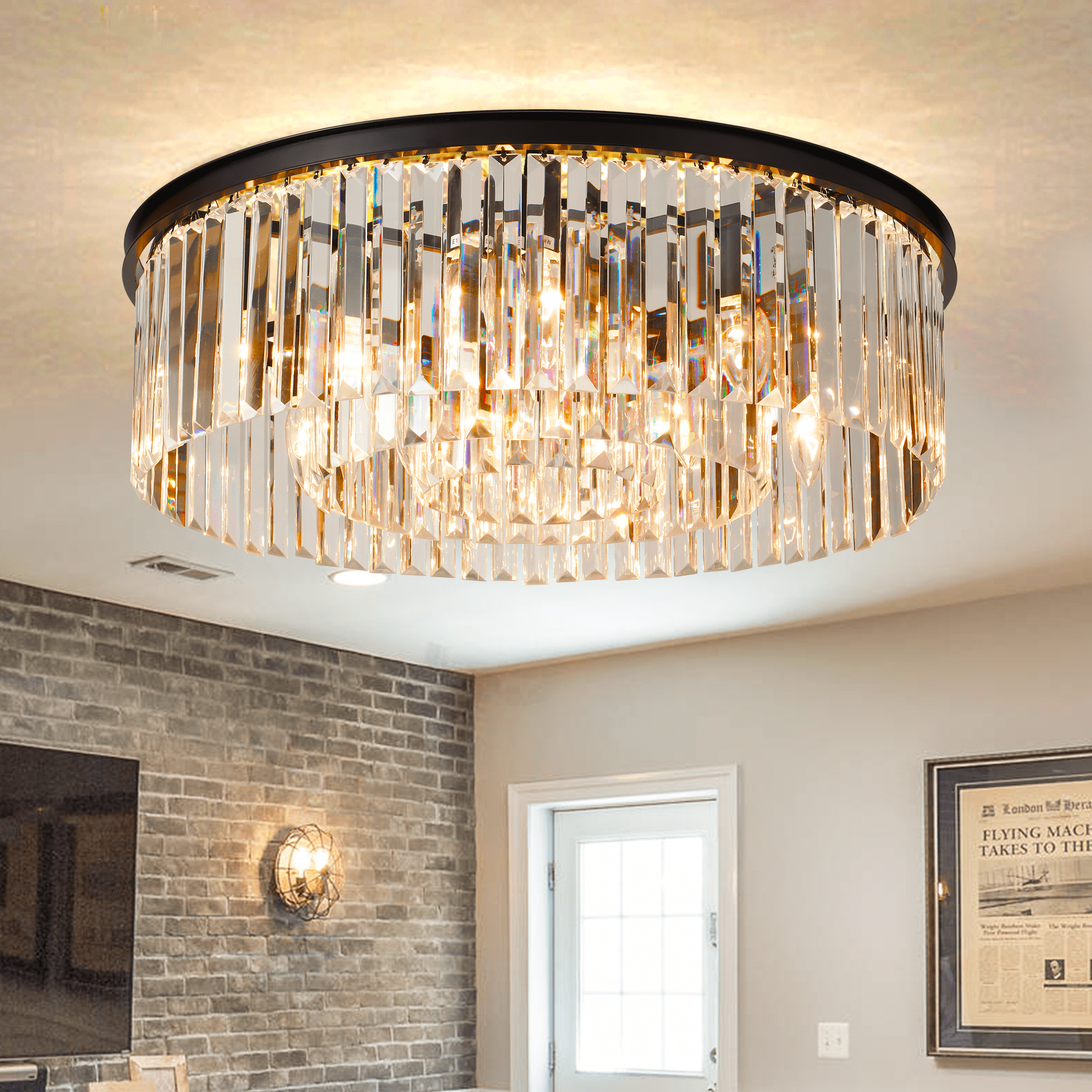 3-Tier Crystal Flush Mount Ceiling Light Fixture, 24-inch Diameter Black Iron Chandelier with 16 ...