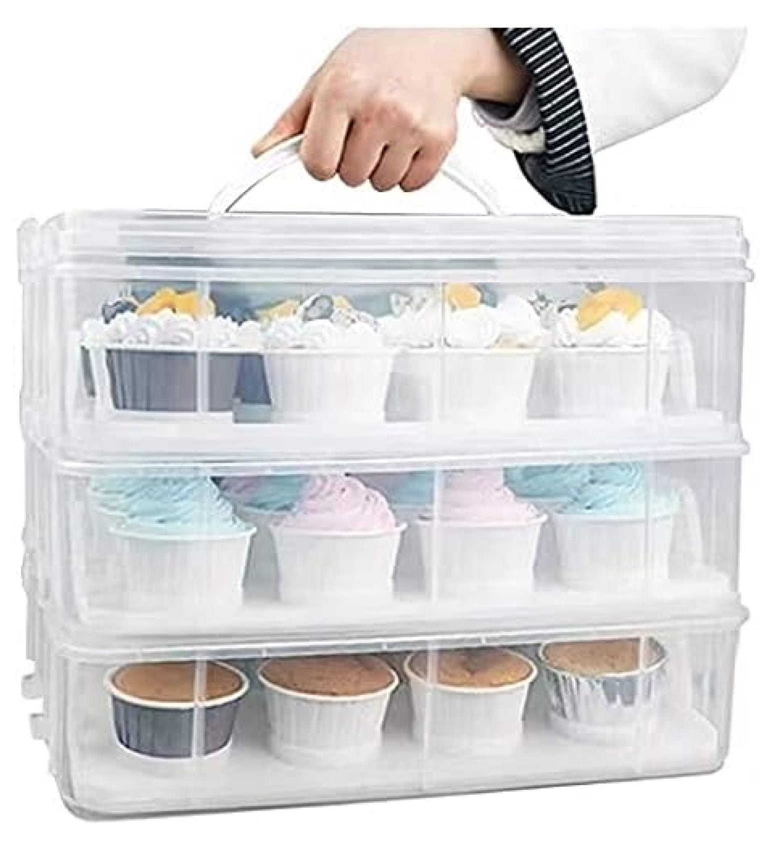 3 Tier Cupcake Carrier with Lid, 36 Cupcake Holder, Cake Transporter ...