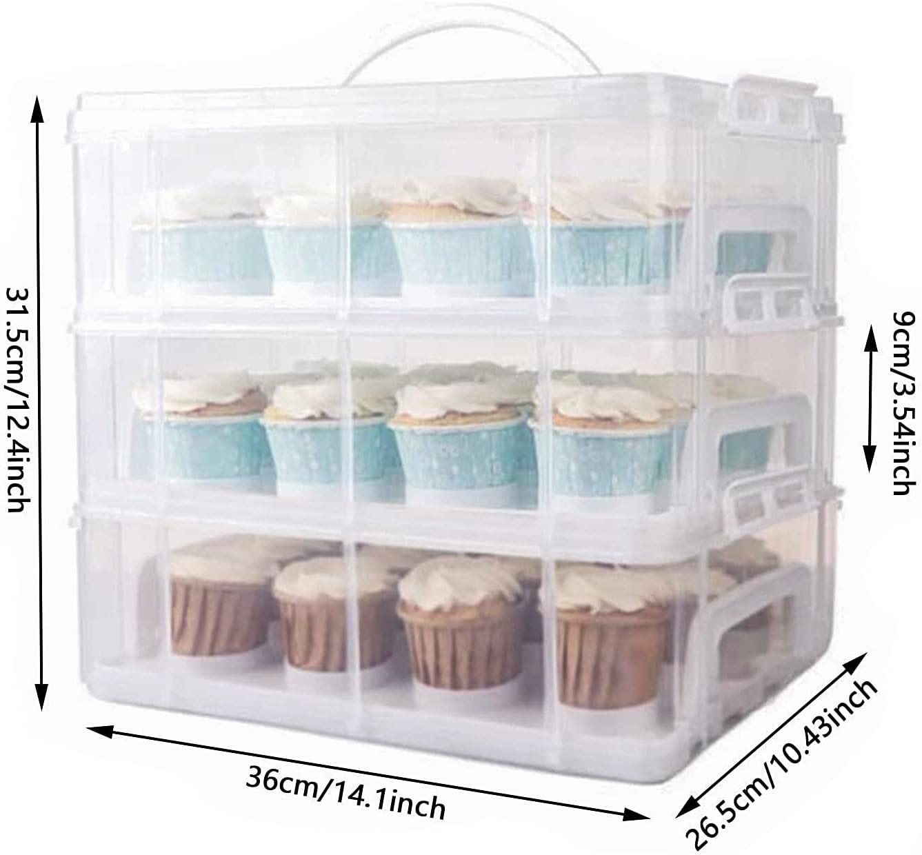 3 Tier Cupcake Carrier with Lid Holds 36 Cupcakes or 3 Large Cakes Food ...