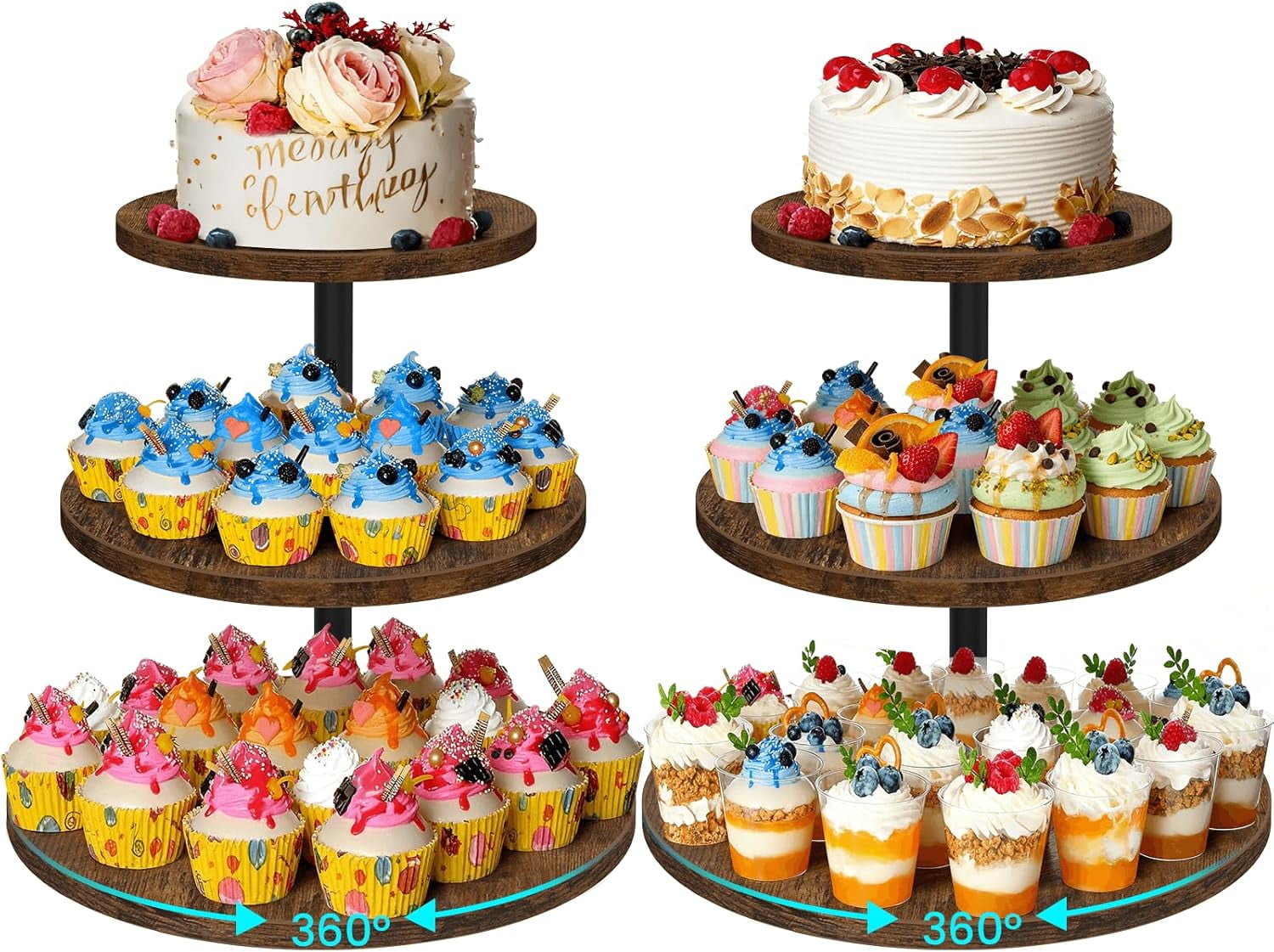 3 Tier Cupcake Stand for 50 Cupcakes, Rotating Wooden Cake Stand ...