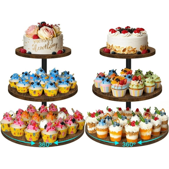 3 Tier Cupcake Stand for 50 Cupcakes, Rotating Wooden Cake Stand ...