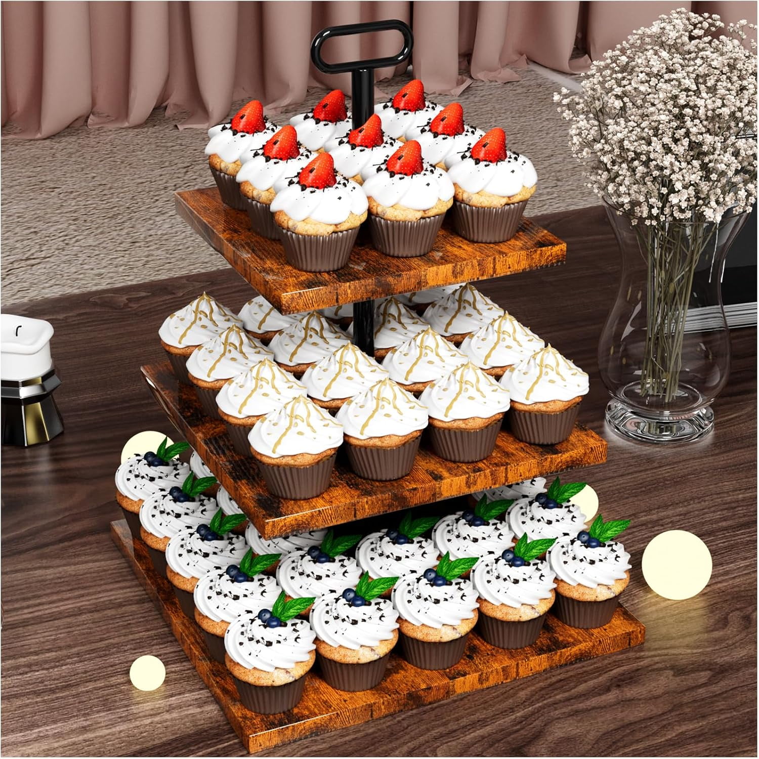 3 Tier Cupcake Stand, Cupcake Tower Rustic Cupcake Stand with Handle ...