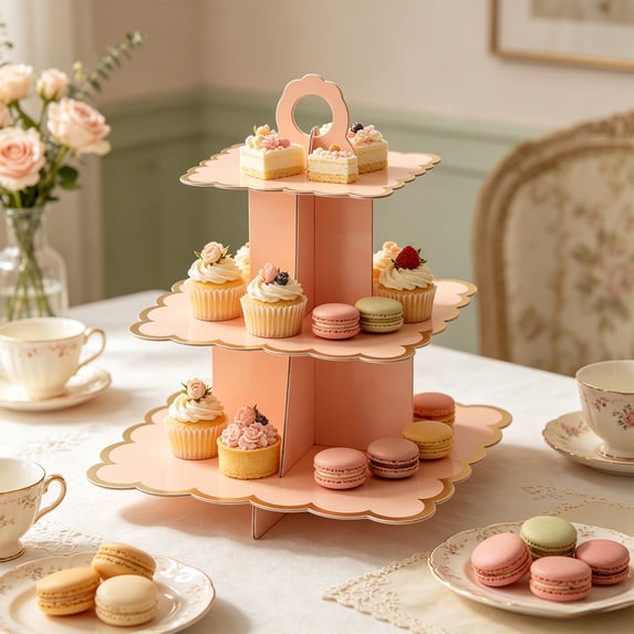 3 Tier Cupcake Stand Dessert Tower with Gold Rim Scalloped Flower Tiers ...