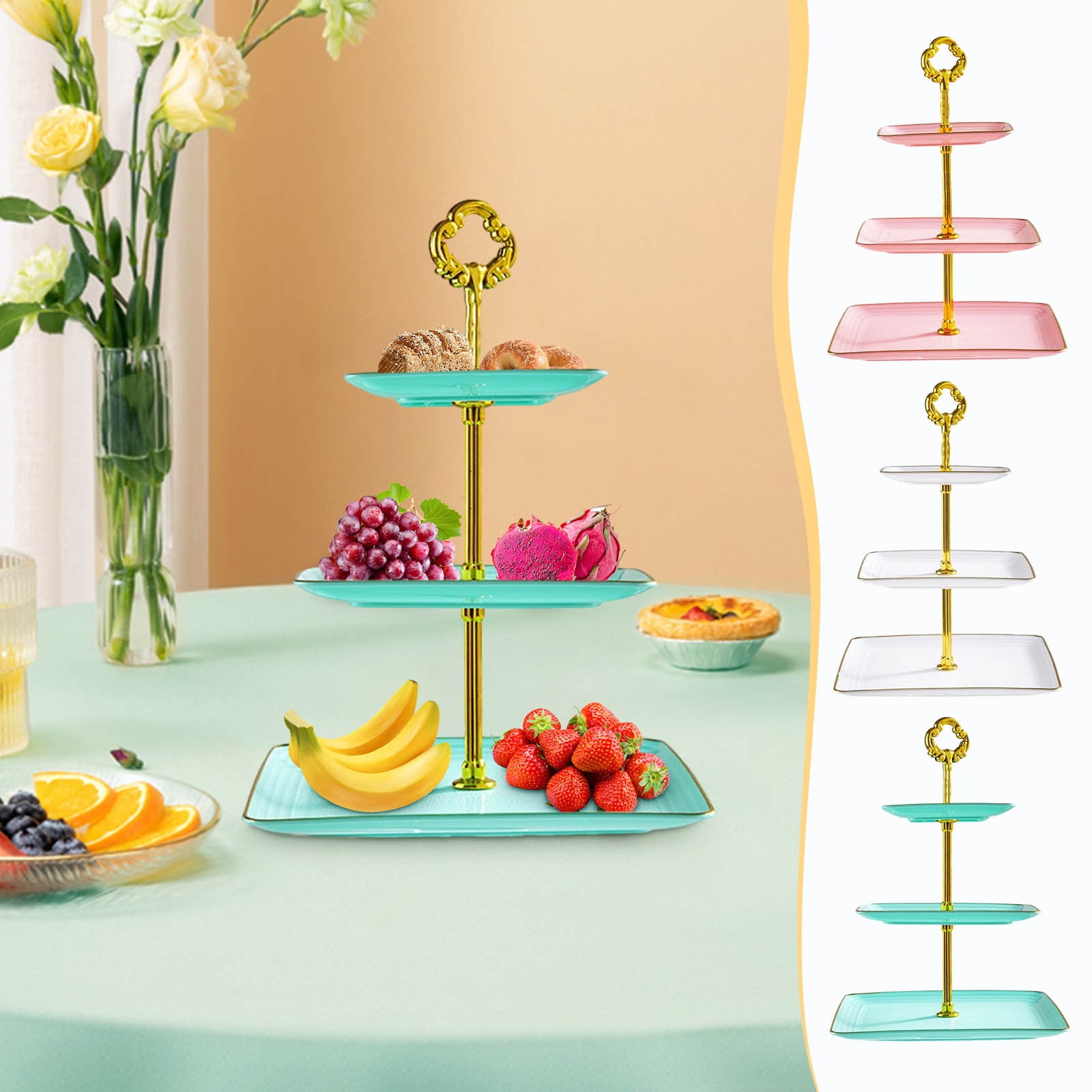 3-Tier Cupcake Stand with Gold Rim, Plastic Tiered Serving Tray Tower ...