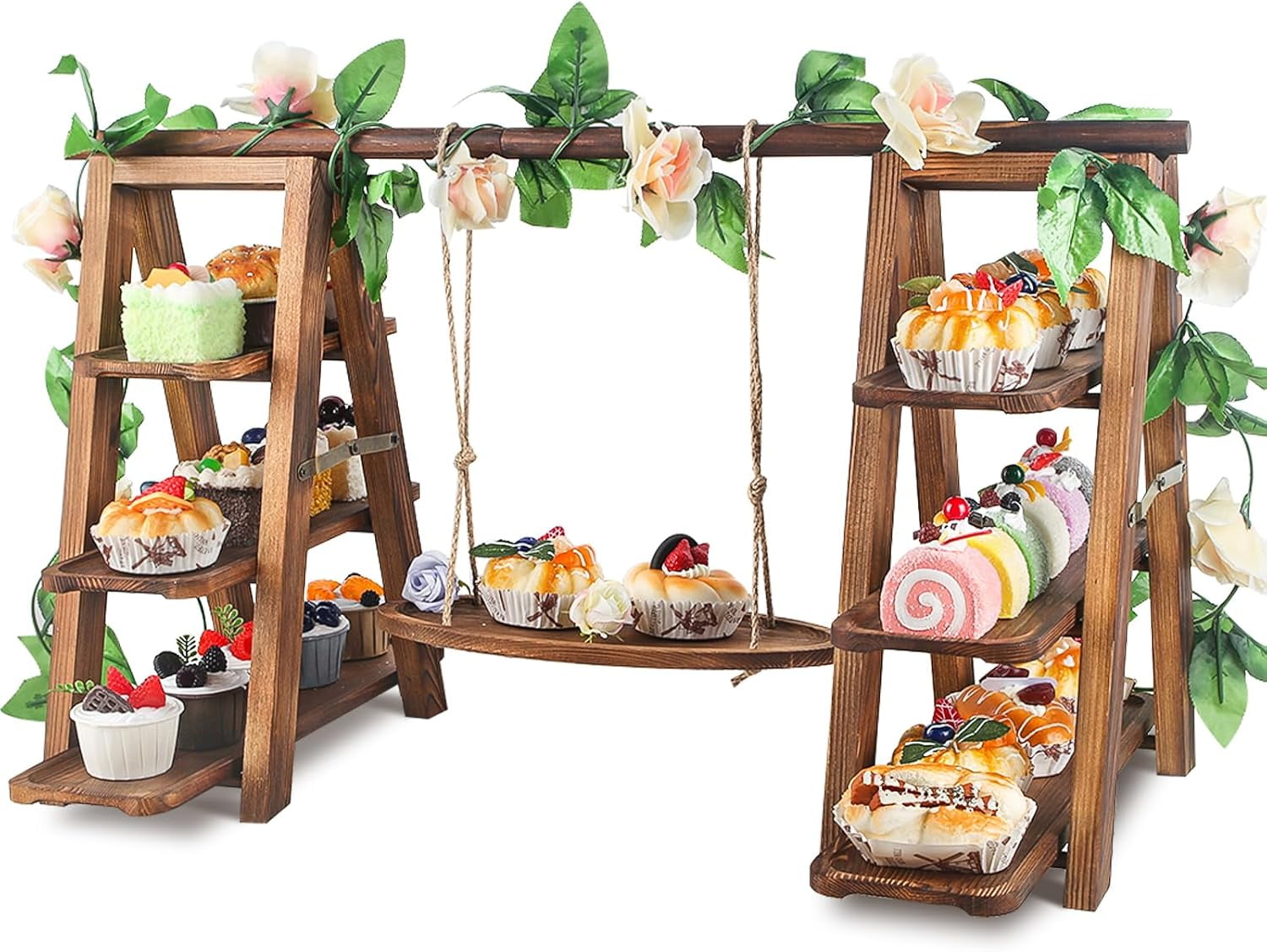 3 Tier Cupcake Stand with Swing and Flower Decoration Serving Removable ...