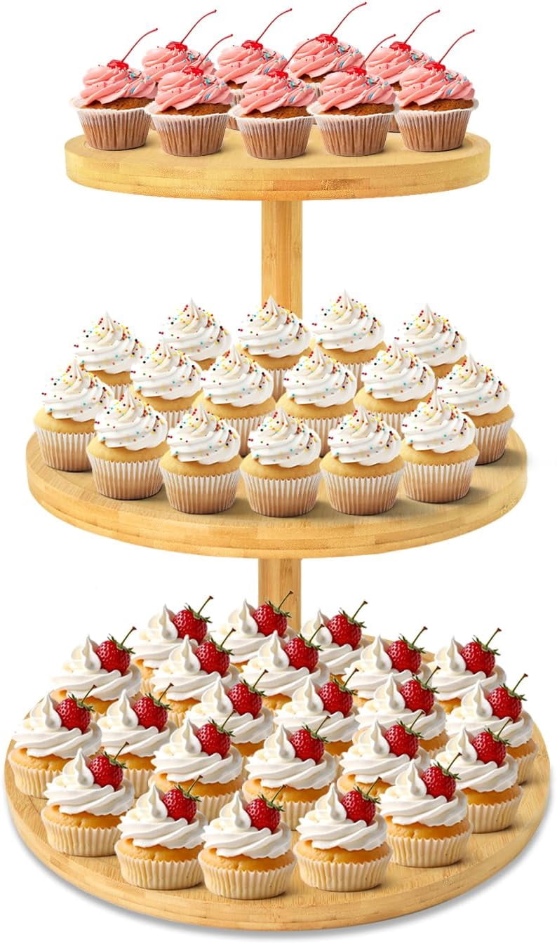 3 Tier Cupcake Stand, Wood Cupcake Tower Stand 50 Cupcakes, Large Round ...