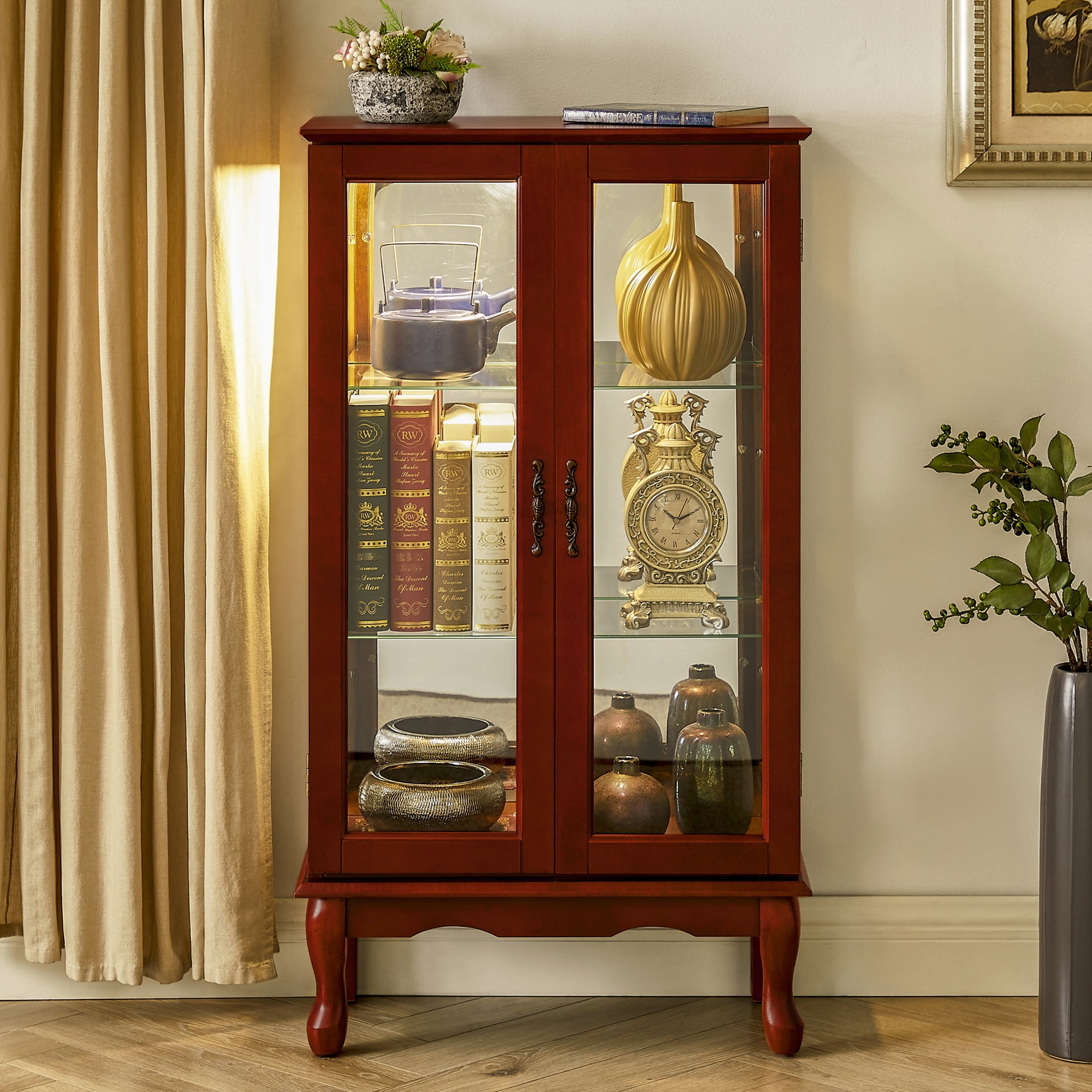 3 Tier Curio Cabinet In Cherry With Mirrored Back And Soft Cloth ...
