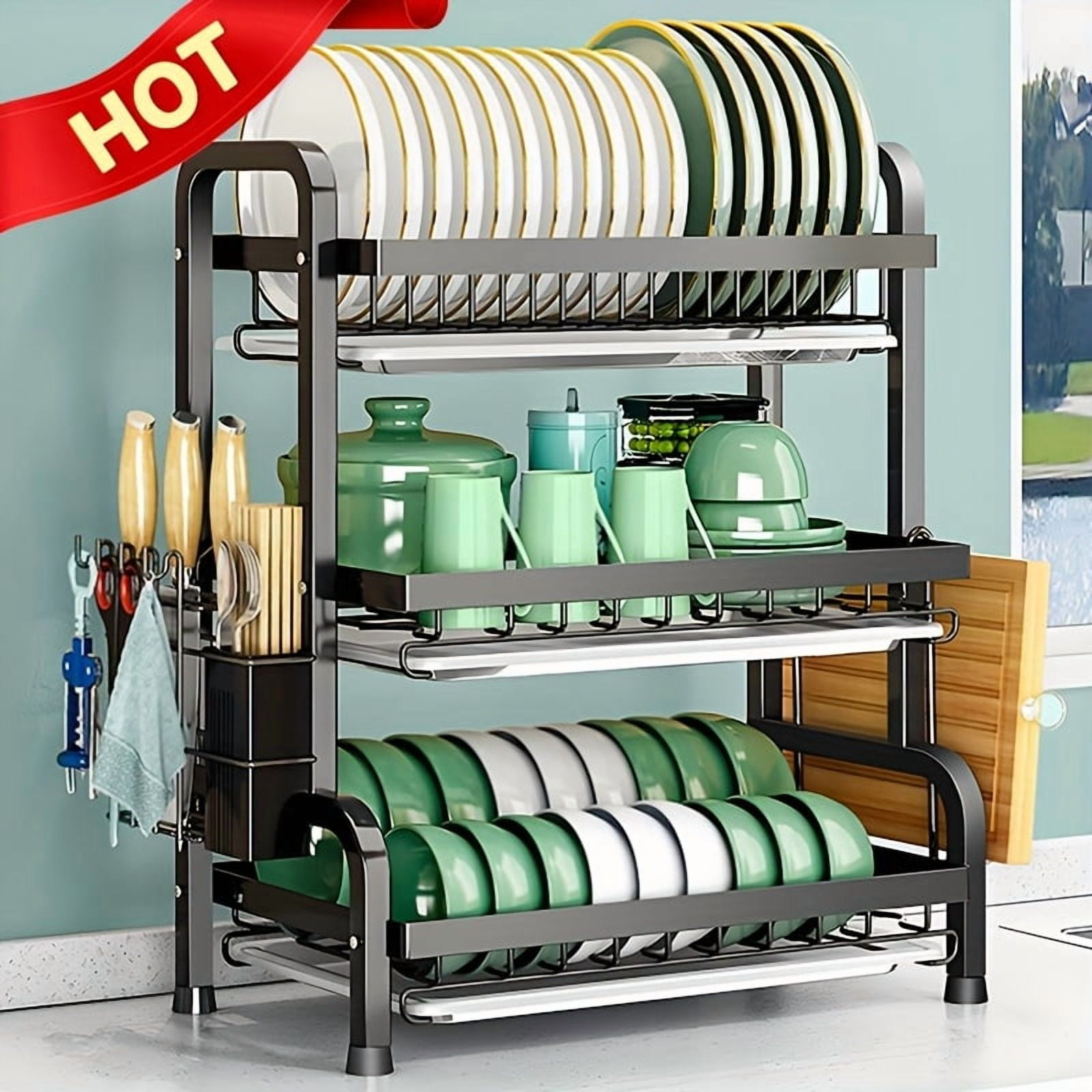 3-Tier Cutlery Drying Rack, Large Capacity Rust-Proof Kitchen Drainer, Multi-Function Countertop ...