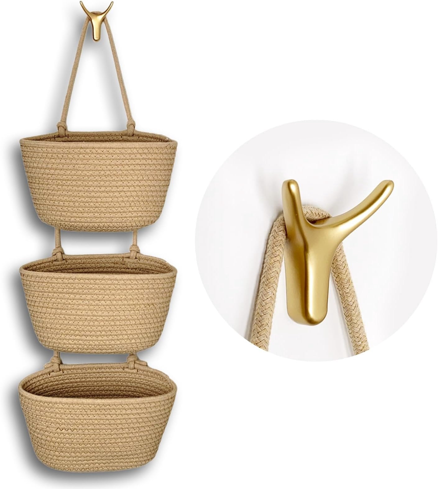 3-Tier Decorative Rope Basket, Wall-Mounted Woven Storage Organizer Bag ...