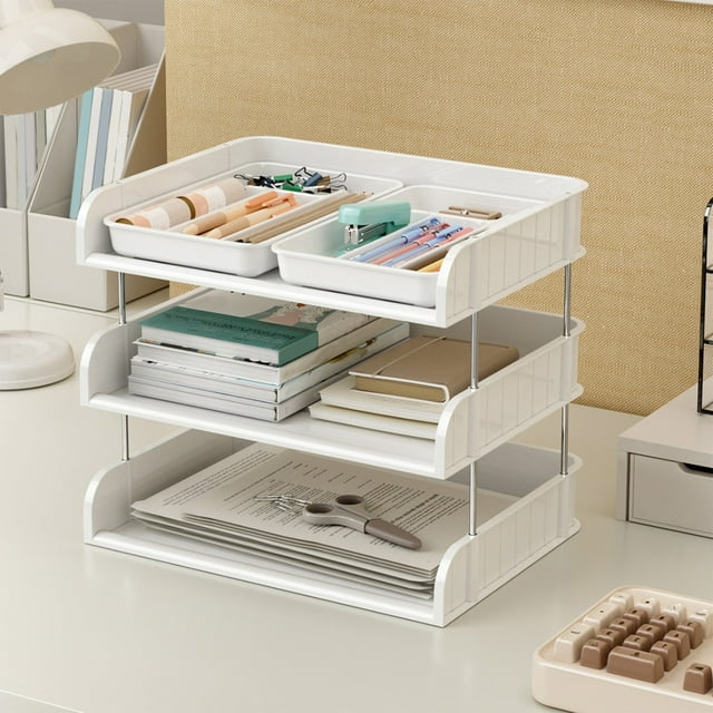 3 Tier Desk Organizer, Plastic Stackable Paper Storage Organizer with 2 ...