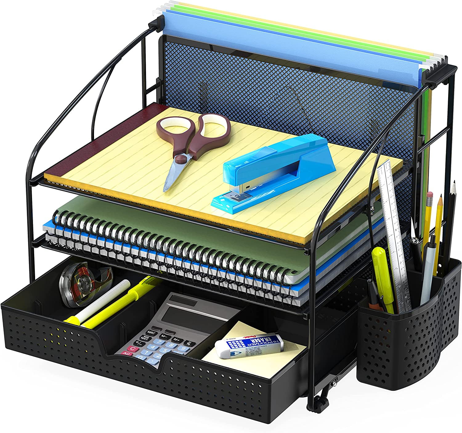 3-Tier Desk Organizer with Sliding Drawer, Hanging File Holder and Pen ...