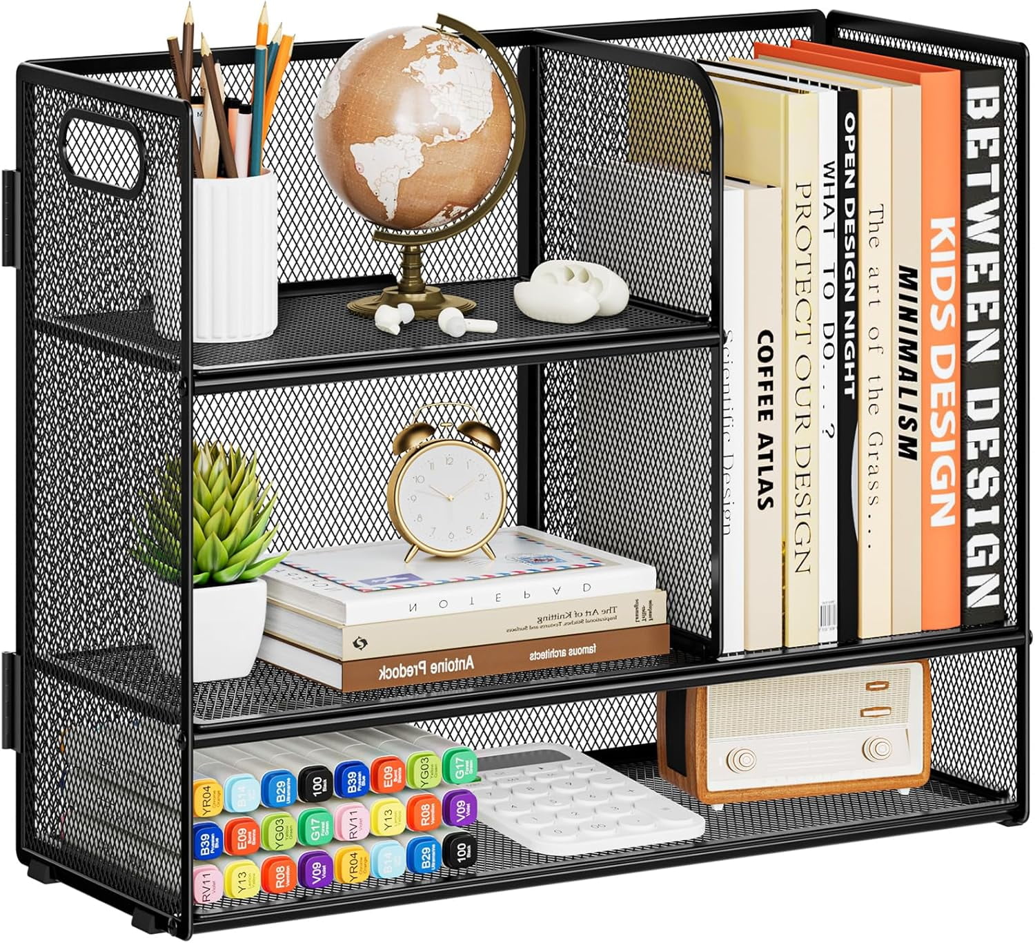 3-Tier Desk Shelf Organizer with Handle, Desktop Bookshelf File Holder ...