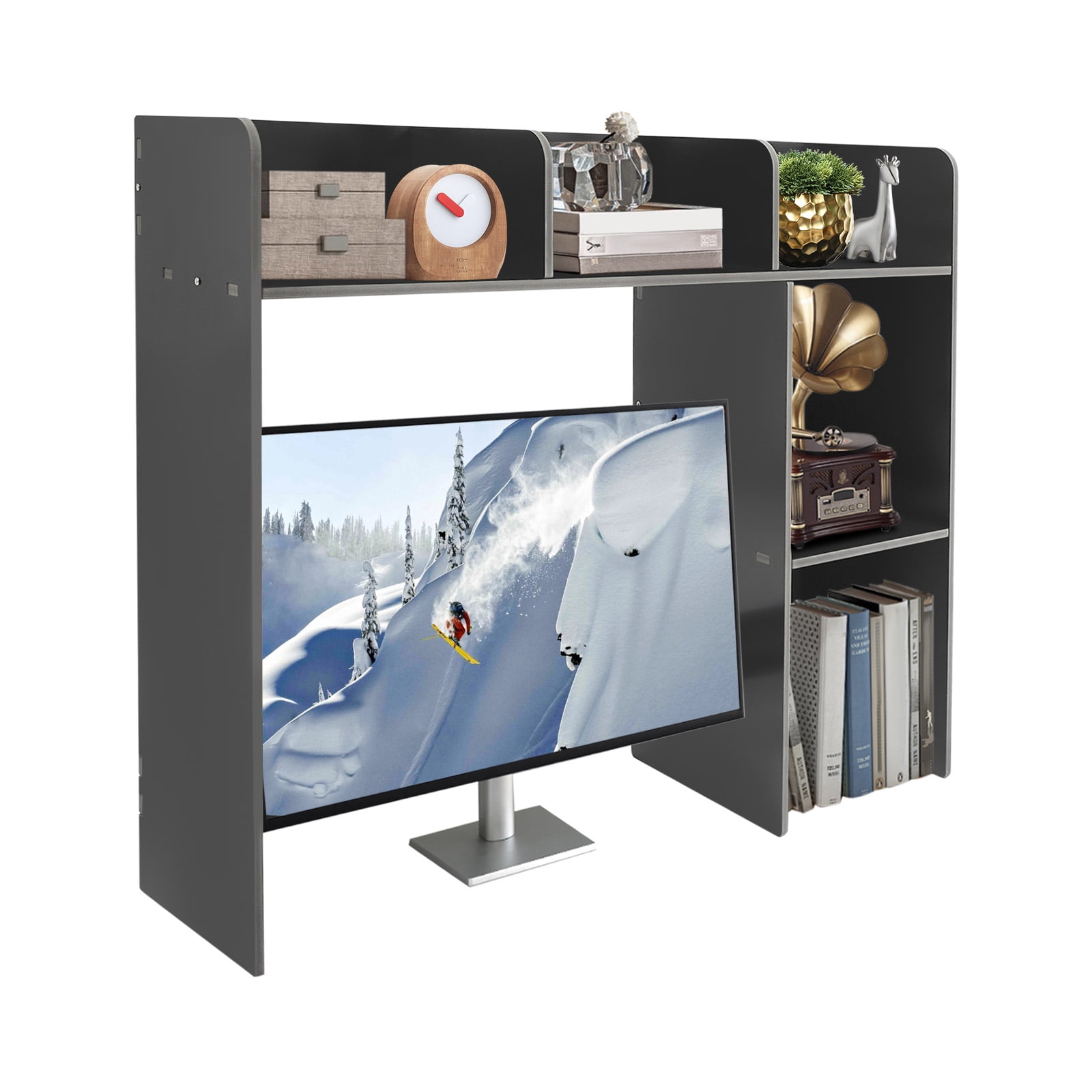 3-Tier Desktop Bookshelf with 6 Compartments, Black PVC Desk Storage ...