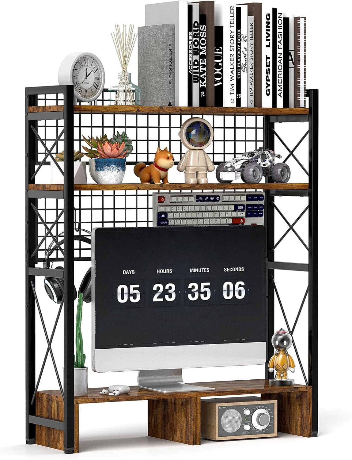 3-Tier Desktop Hutch Bookshelf, Large Wood & Metal Computer Desk ...