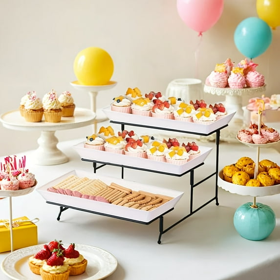 3-Tier Dessert Stand with Foldable Metal Base & 3 Plastic Trays, Snack ...