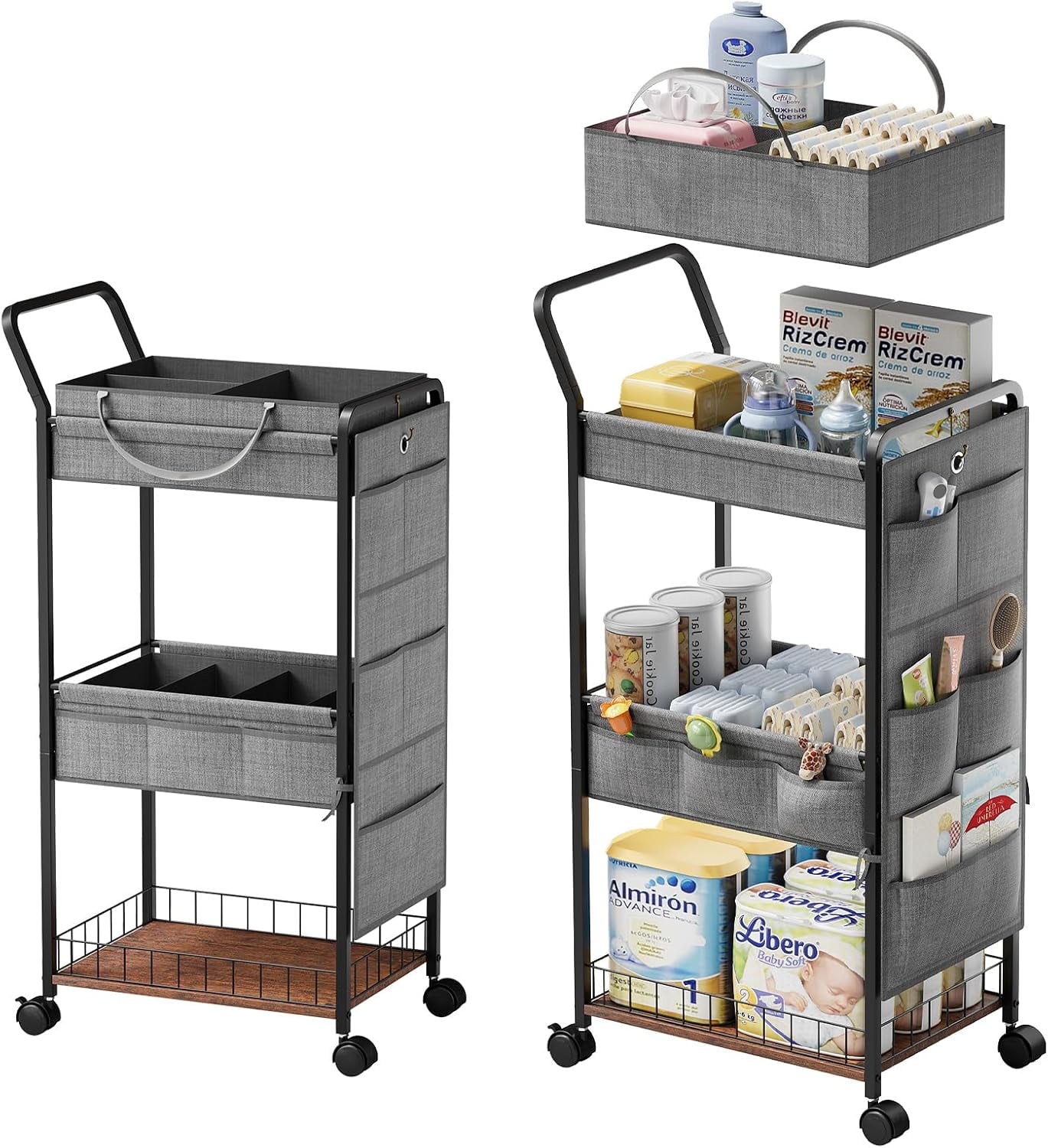 3-Tier Diaper Caddy Cart Organizer - Rolling Baby Cart with Side Pockets and Basket, Multi ...