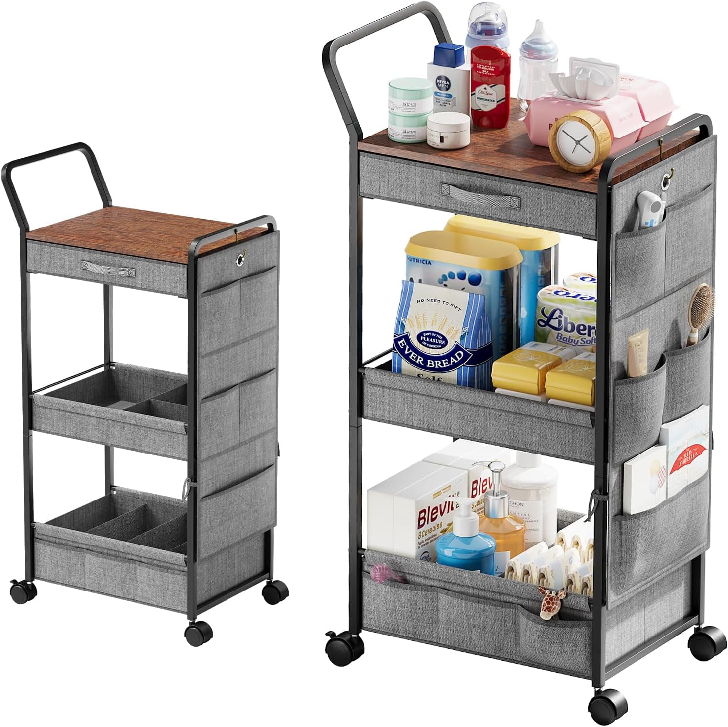 3-Tier Diaper Caddy Organizer - Rolling Utility Baby Cart with Drawer ...