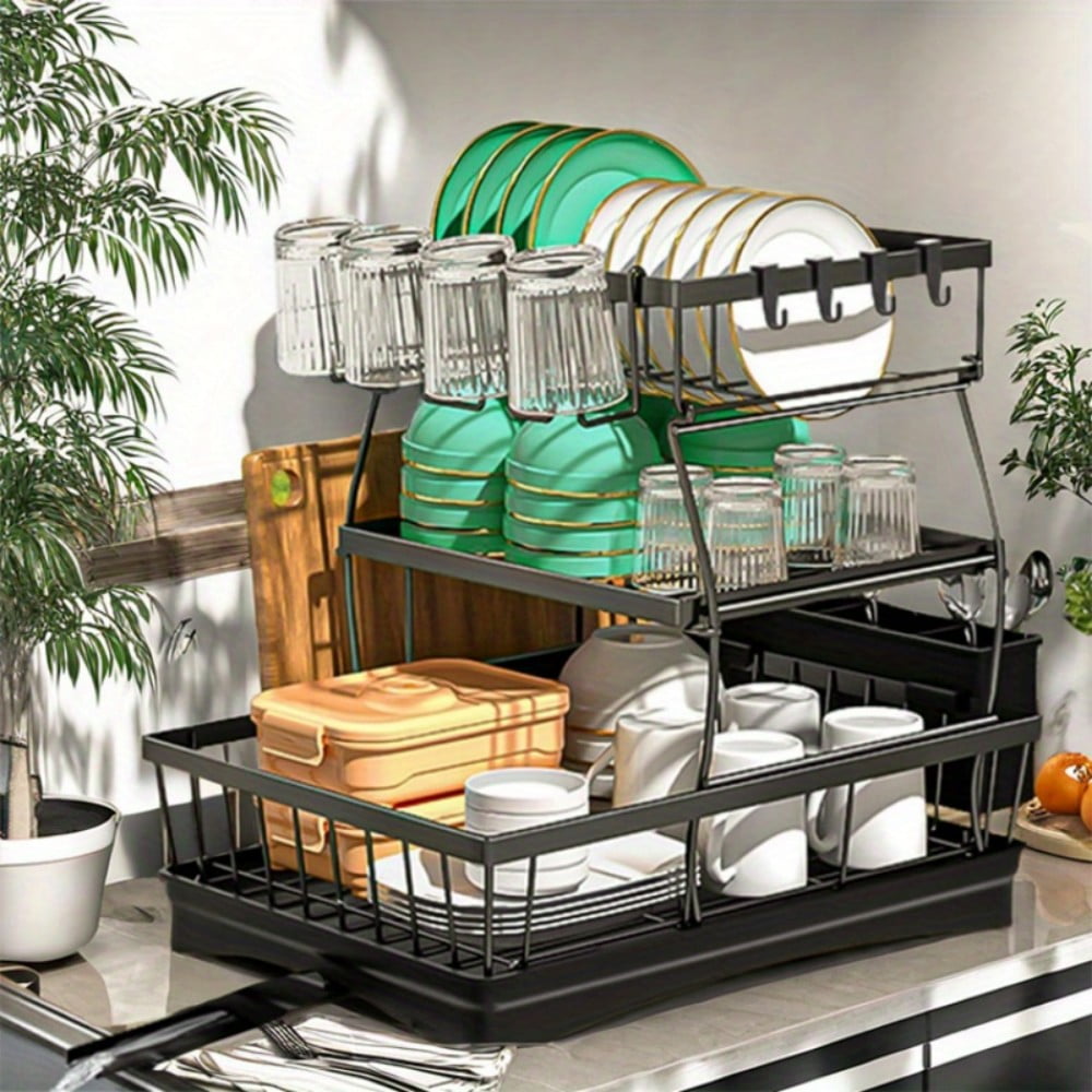 3 Tier Dish Racks for Kitchen Counter - Automatic Drainage Large Dish ...
