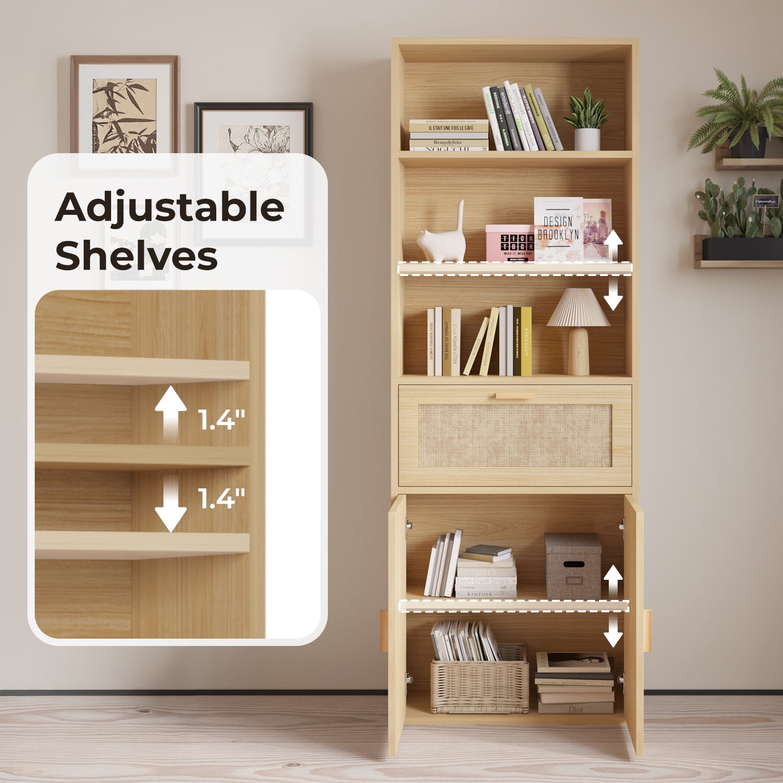 3-Tier Display Cabinet with 1 Drawer & Double Doors - 60x23.5x180cm ...