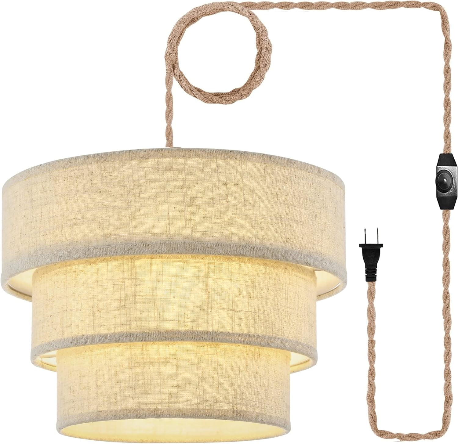 3-Tier Drum Linen Plug in Pendant Light with15ft Hemp Rope Cord E26 ...