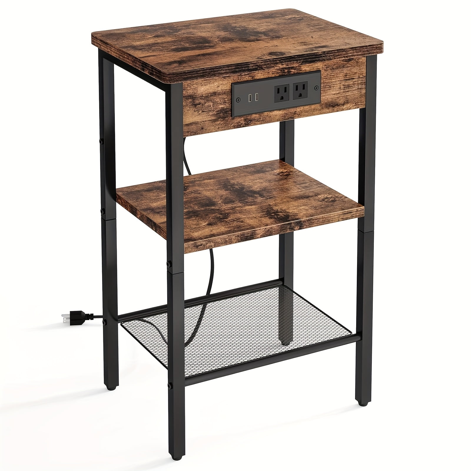 3-Tier End Table with Charging Station & USB Ports - Nightstand with Storage Shelf for Bedroom ...