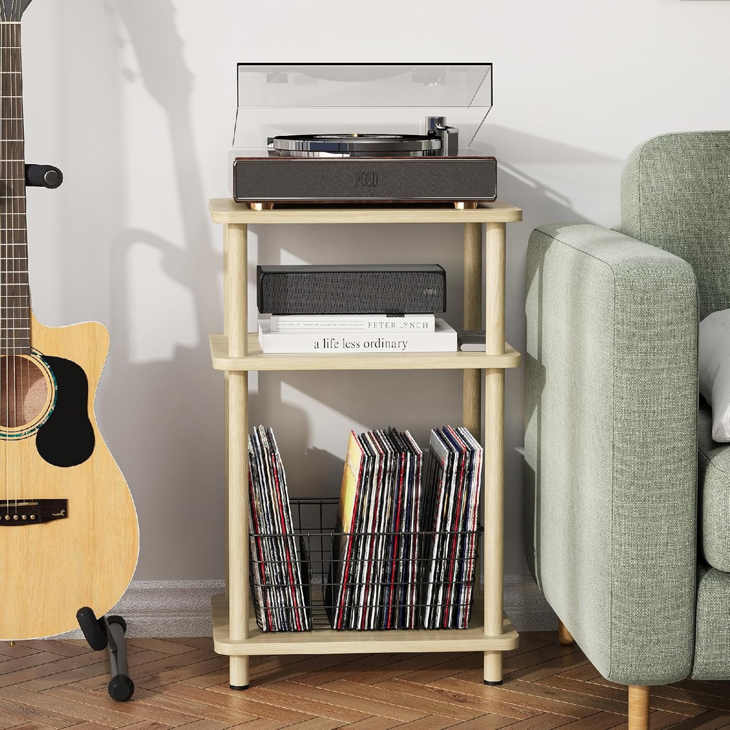 3 Tier End Table, Record Player Stand with Storage Shelf, Wooden Vinyl ...
