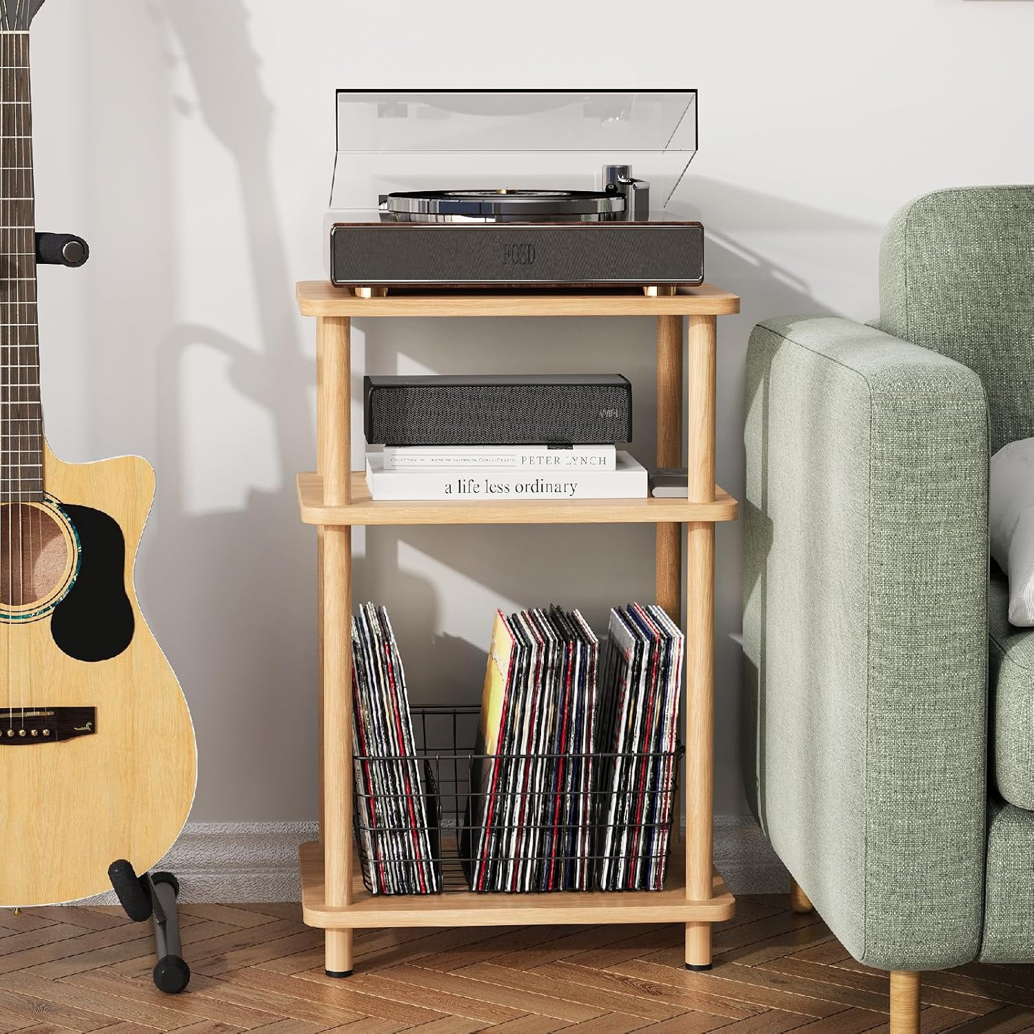 3 Tier End Table, Record Player Stand with Storage Shelf, Wooden Vinyl ...
