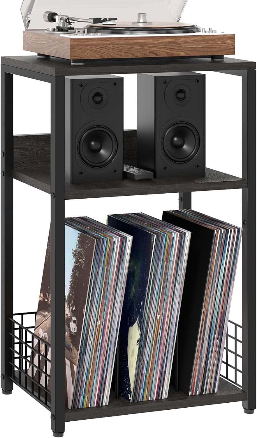 3 Tier End Table,Record Player Stand with Storage Up to 100 Albums ...