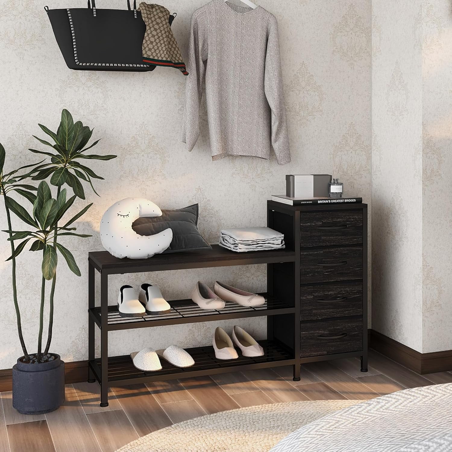 3 Tier Entryway Bench Shoe Storage Bench with 4 Fabric Drawers Metal ...