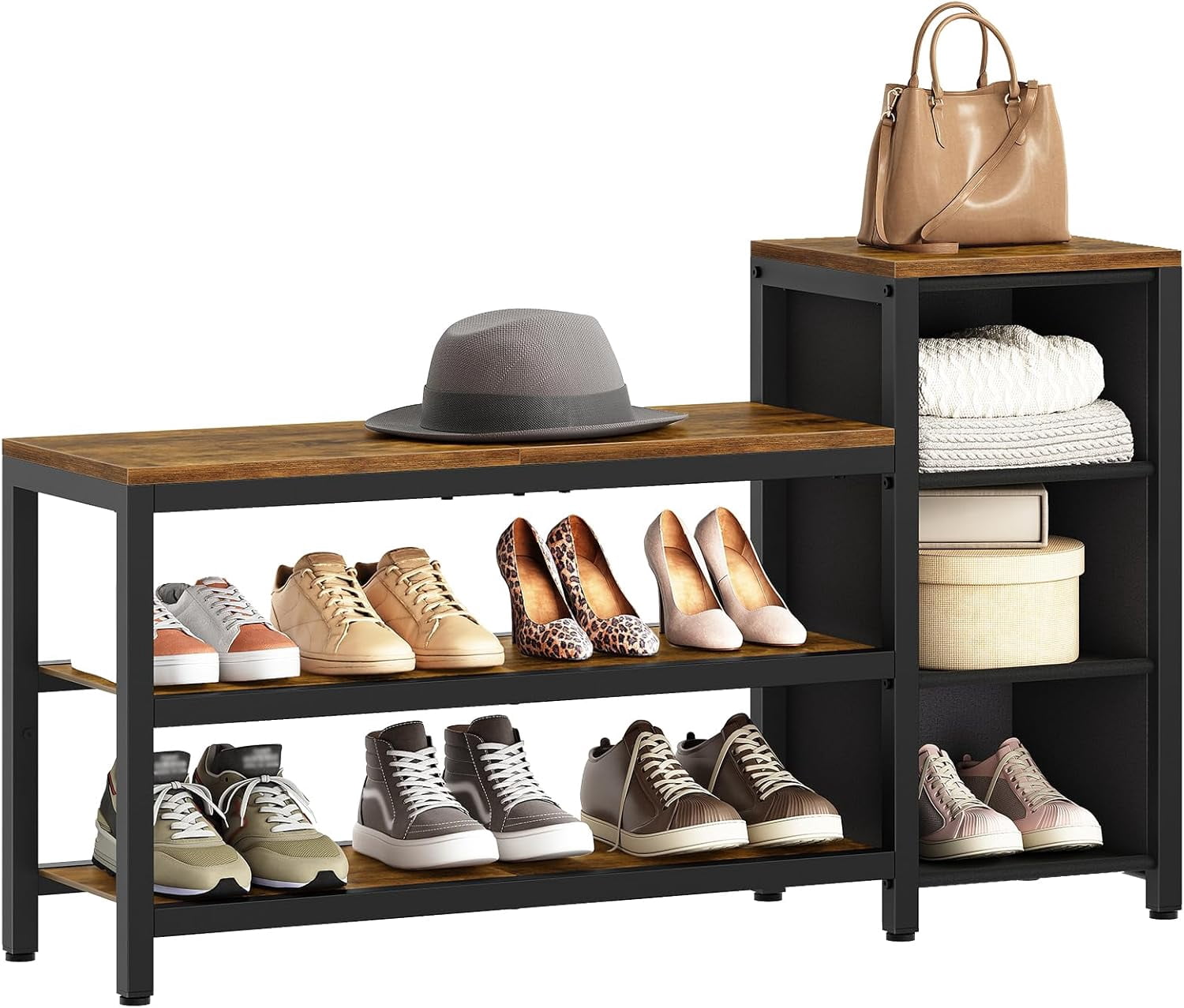 3 Tier Entryway Bench, Shoe Storage Bench, Wooden Shoe Rack with 3 Open ...