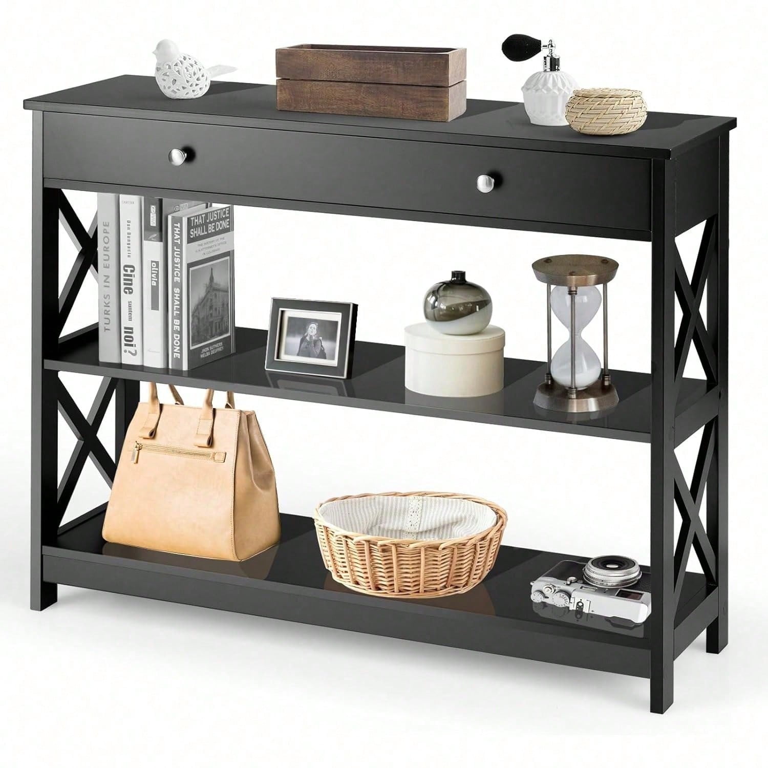 3-Tier Entryway Table, Wooden Narrow Sofa Table With Storage Drawer ...