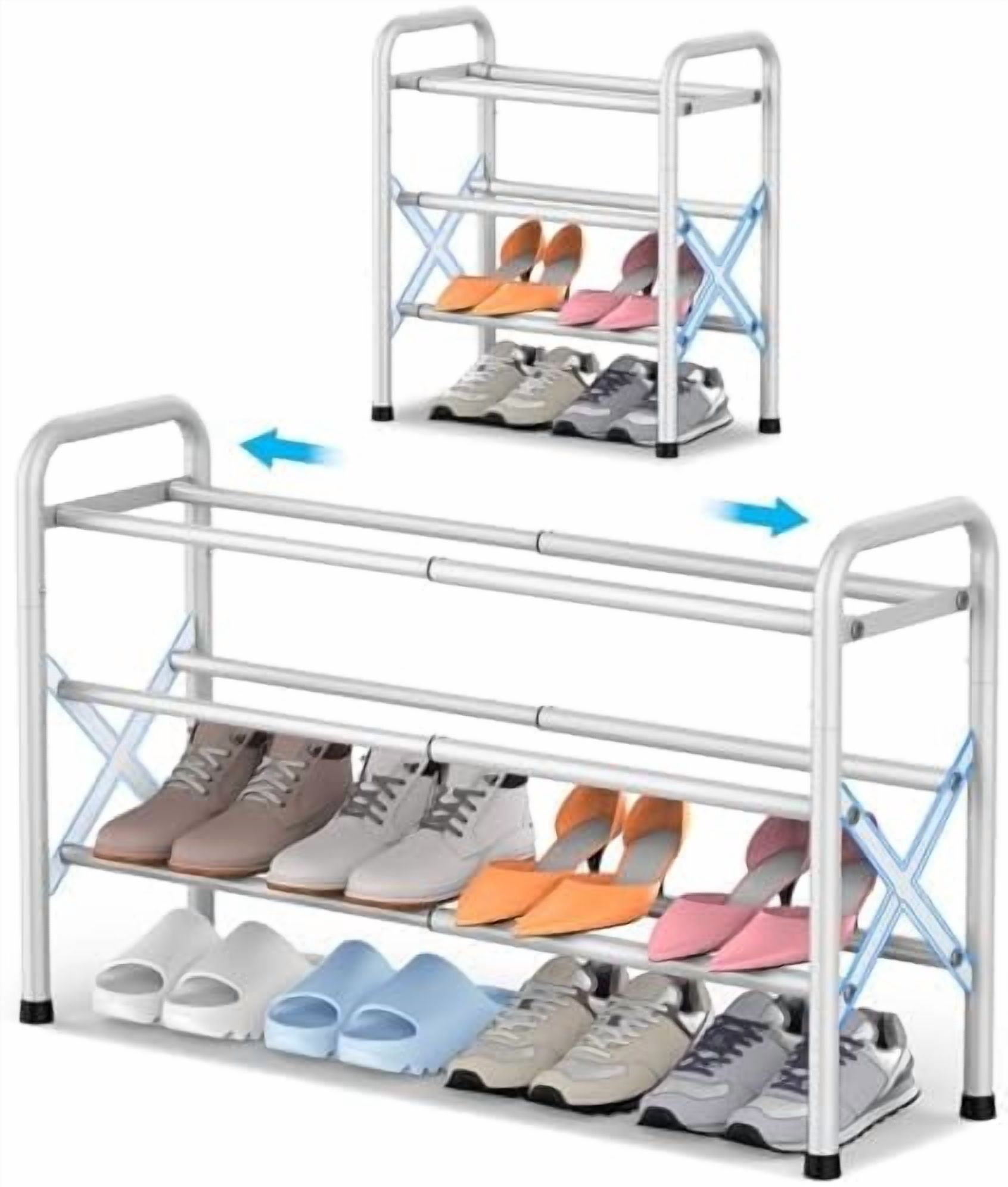 3-Tier Expandable Shoe Rack for Closet Floor, X-Frame Metal Small Shoe ...