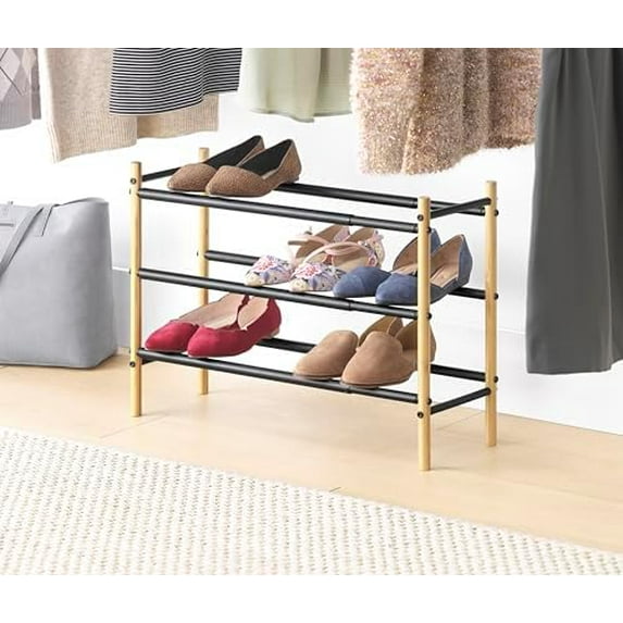 3 Tier Expandable Shoe Rack -Stackable - Natural Wood and Chrome ...