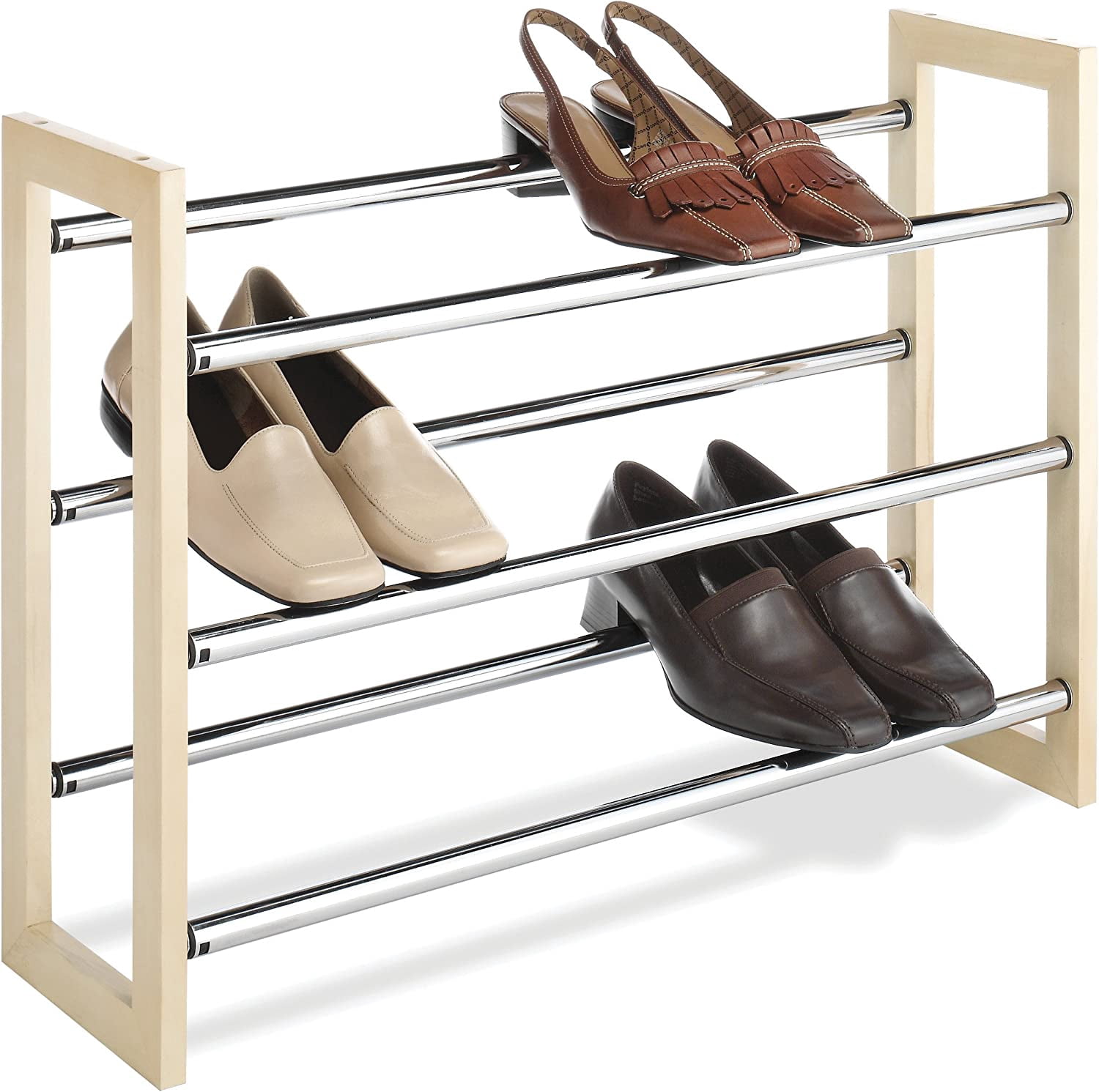 3 Tier Expandable Shoe Rack -Stackable - Natural Wood and Chrome ...