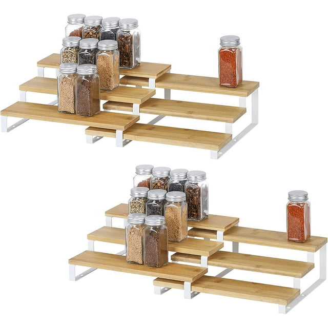 3 Tier Expandable Spice Rack, 4 Pack Bamboo Step Shelf Organizer (White ...