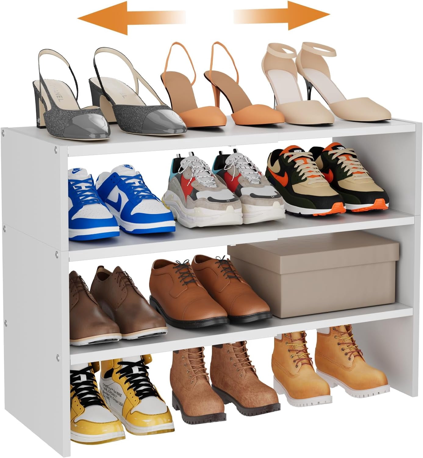 3-Tier Expandable White Shoe Rack Organizer for Closet, Stackable Shoe ...